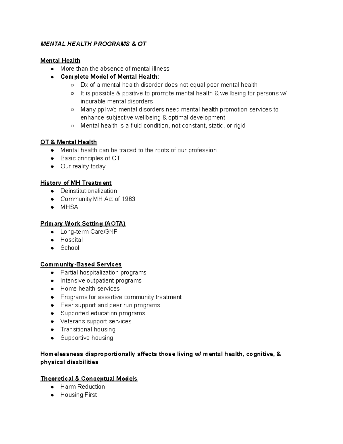 Wellness (Mental Health) - Week 3 - MENTAL HEALTH PROGRAMS & OT Mental ...