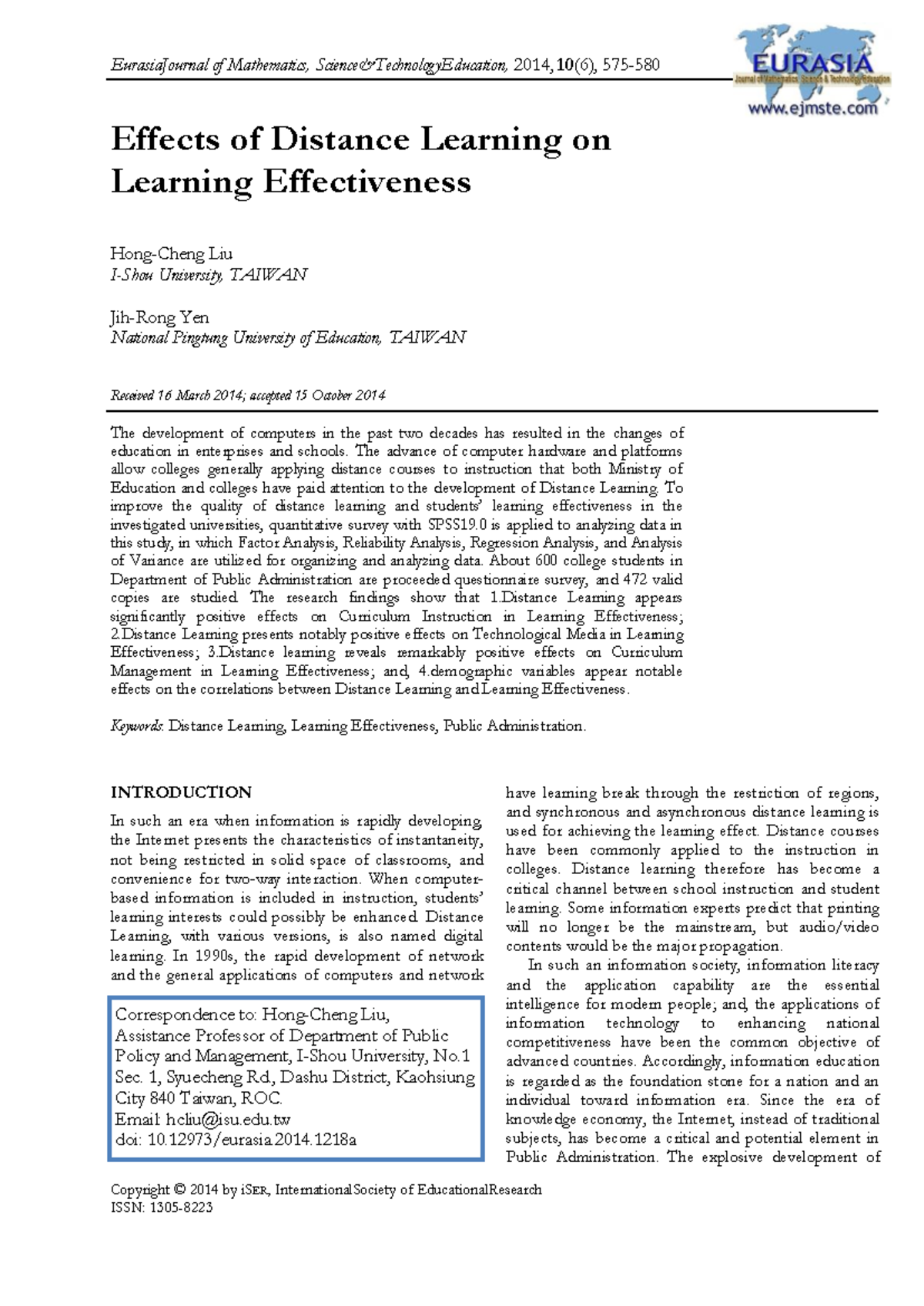 Effects of Distance Learning on Learning Effectiveness 4339 Study - Studocu