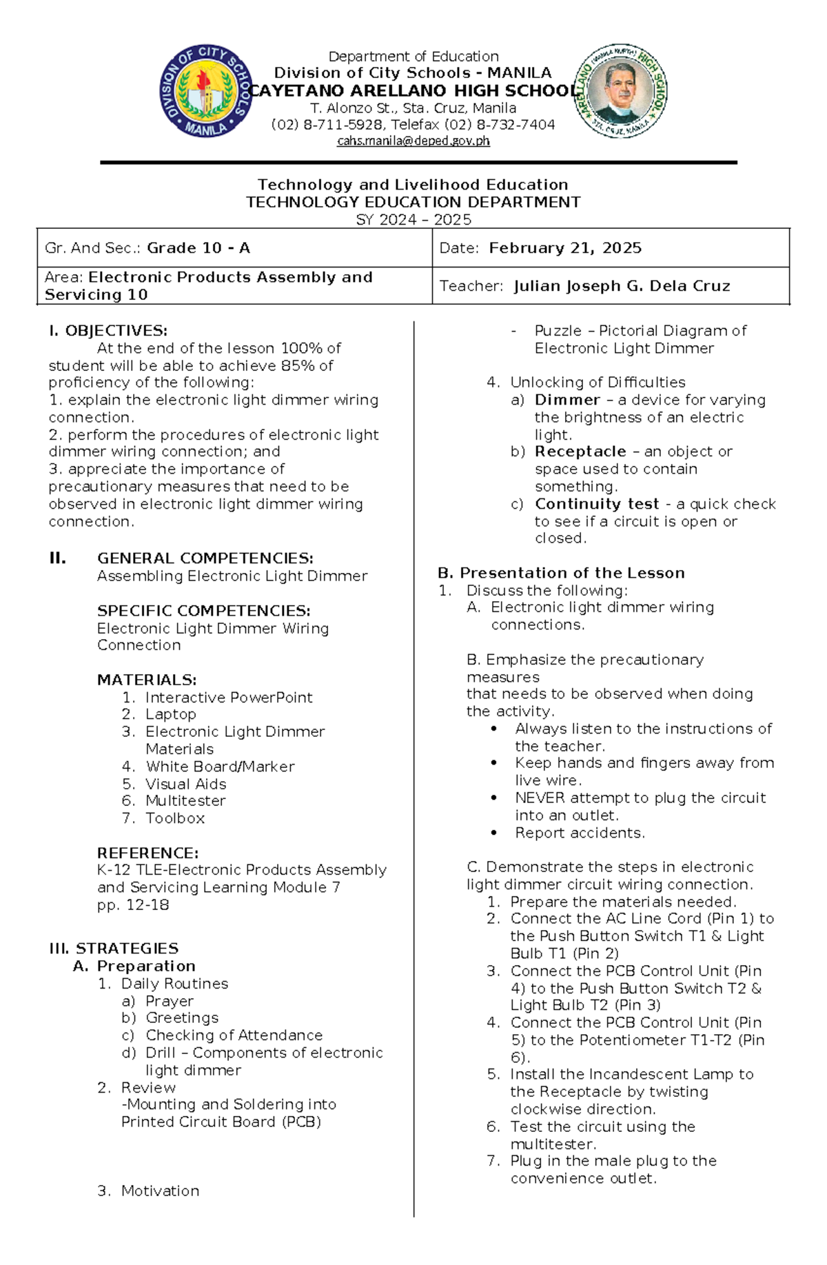 Electronics Products Assembly & Servicing - Grade 10 Lesson Plan - Studocu