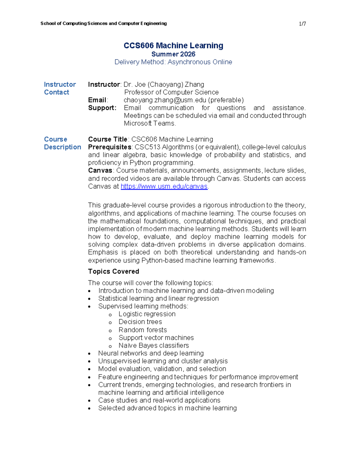 CSC606 Machine Learning Syllabus - Summer 2026 Online Course - Studocu