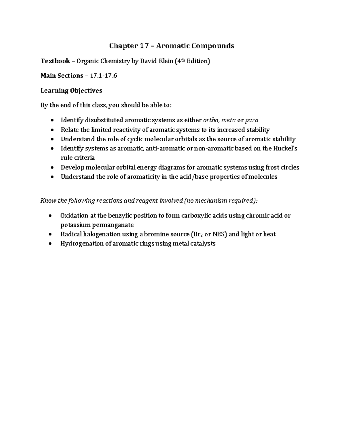 Chapter 17 Outline - Chapter 17 – Aromatic Compounds Textbook – Organic ...