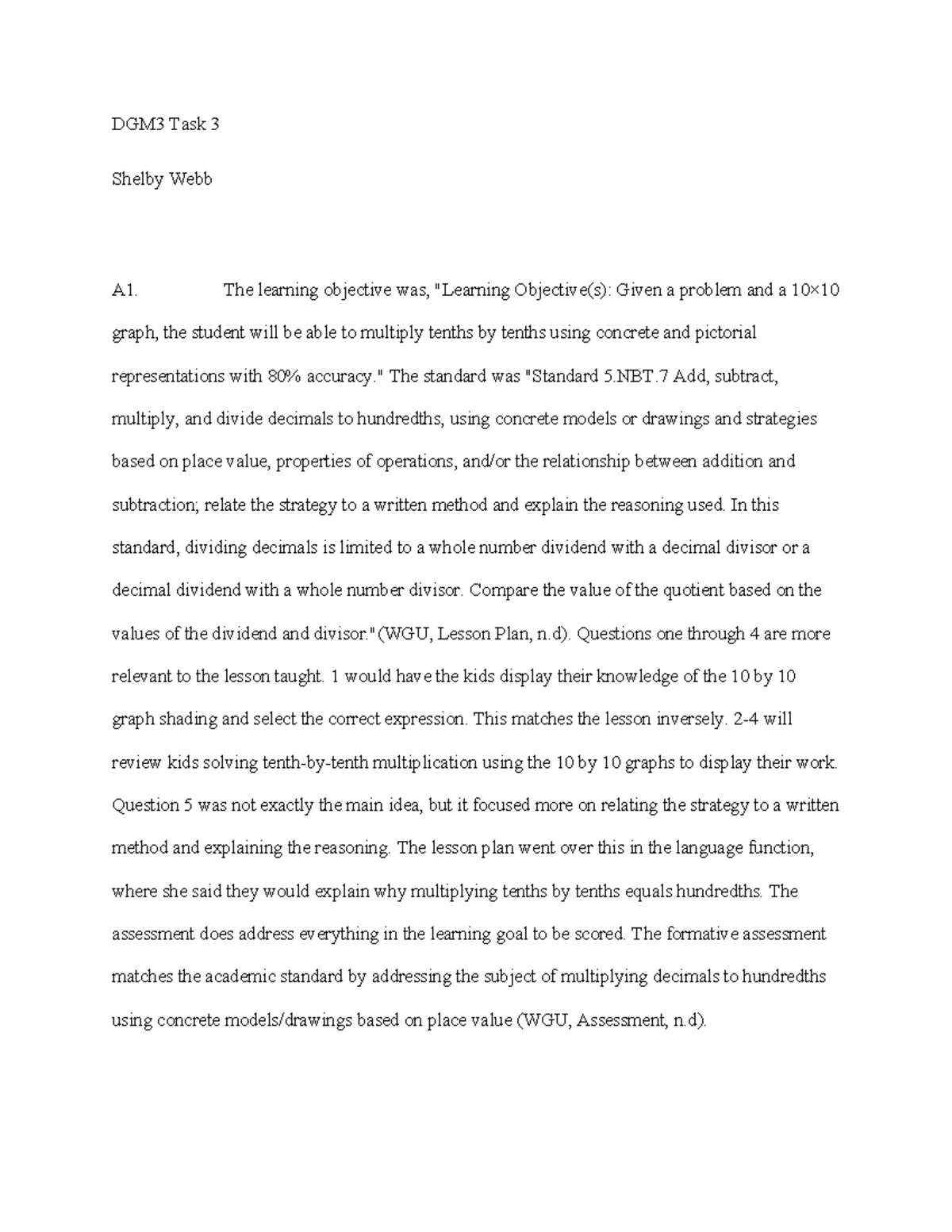 DGM3 Task 3: Formative Assessment on Multiplying Tenths to Hundredths ...