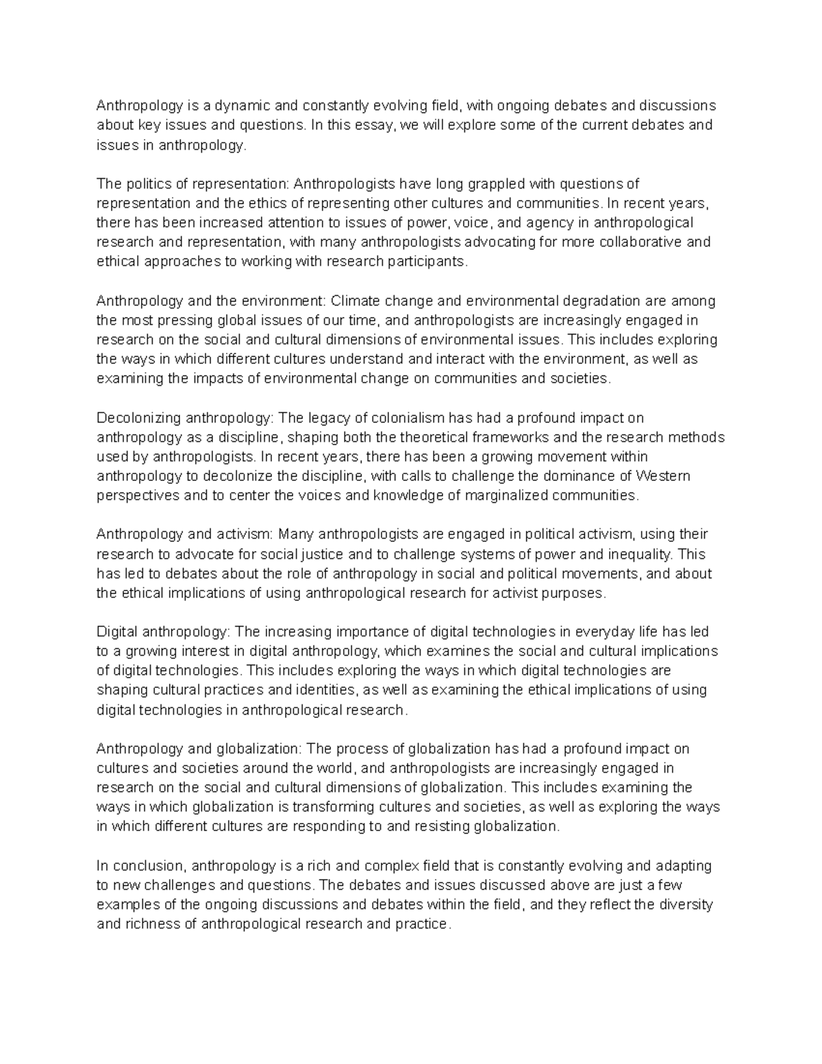 Current Debates and Issues in Anthropology: An Evolving Field - Studocu