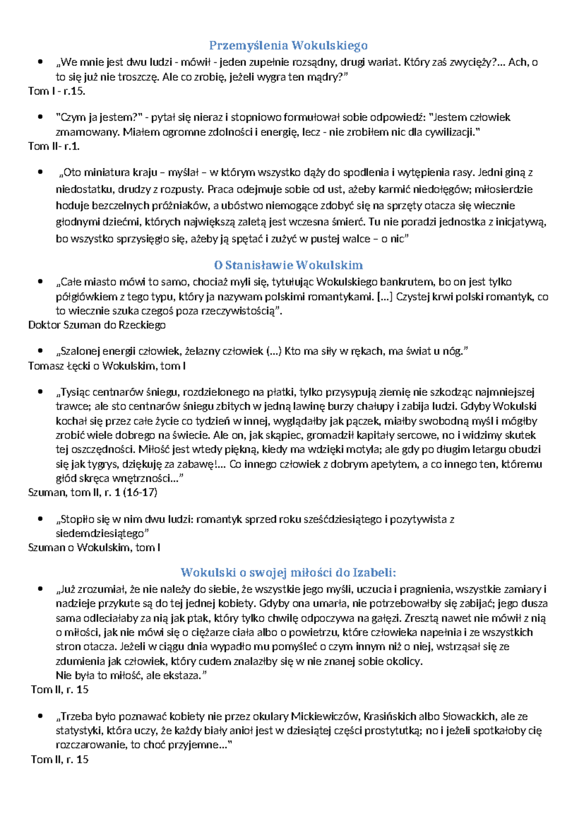 Cytaty z "Lalki" Bolesława Prusa - Analiza Wokulskiego i Izabeli - Studocu