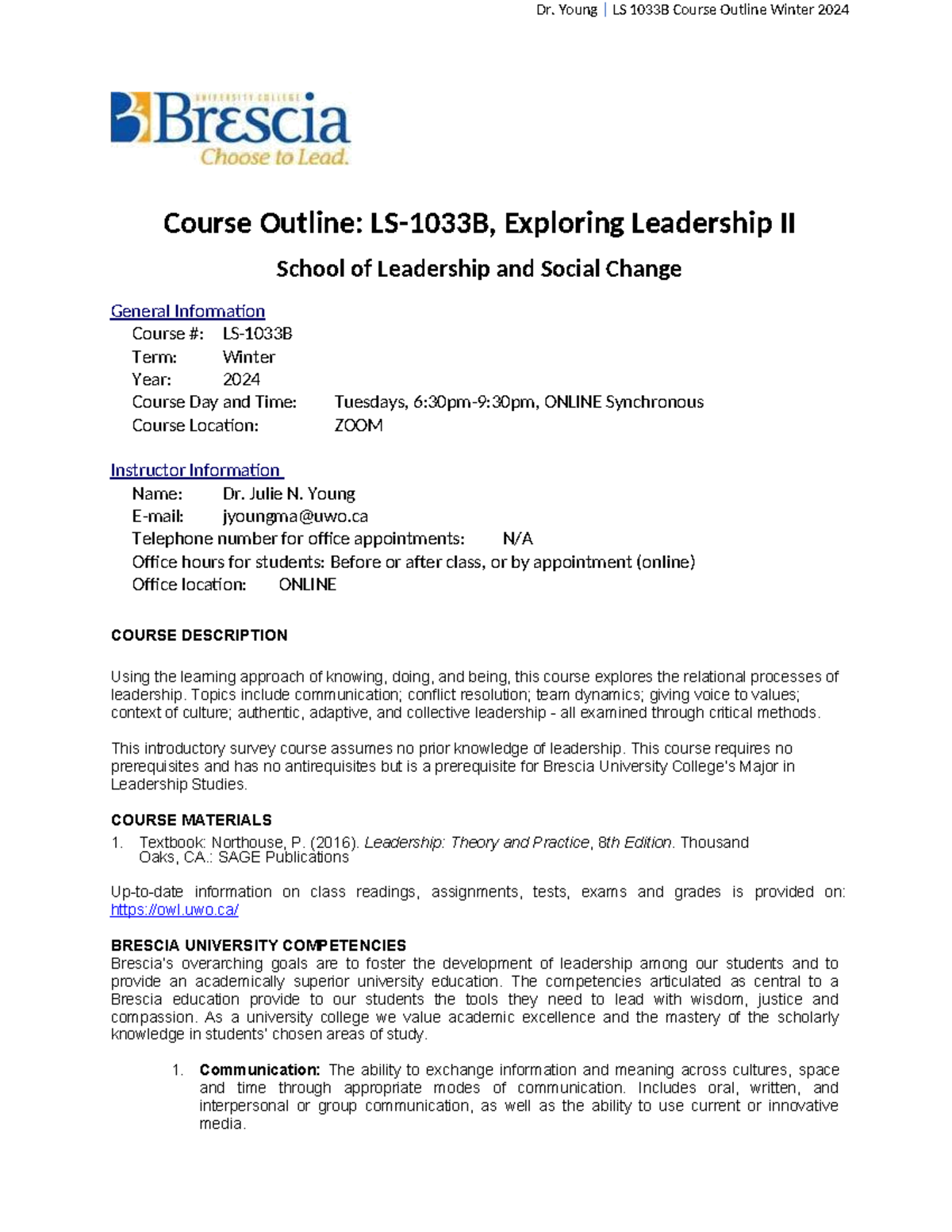 LS-1033B Winter 2024 Course Outline: Exploring Leadership II - Studocu