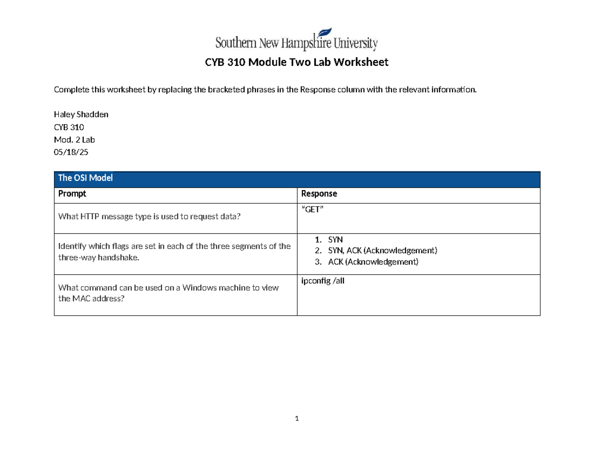 CYB 310 Module Two Lab Worksheet: OSI Model & Network Protocols - Studocu