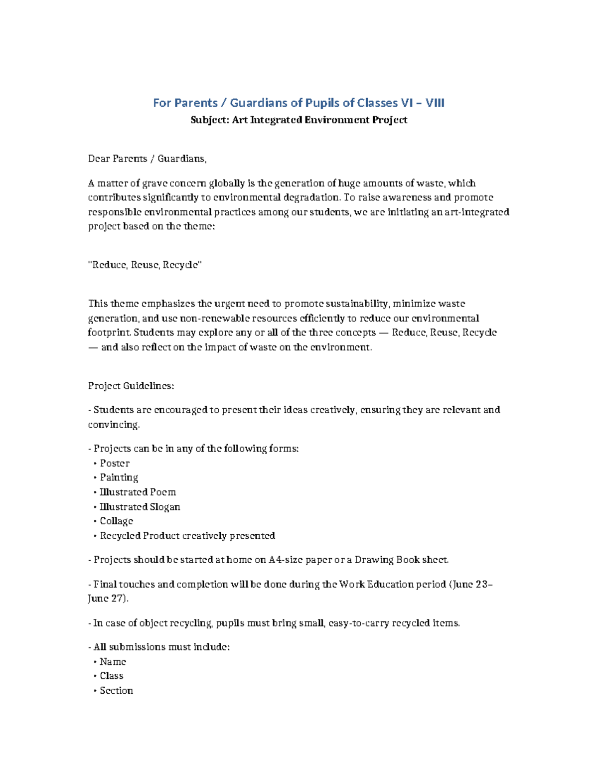 Art Integrated Environment Project Notice for Class VI - Studocu
