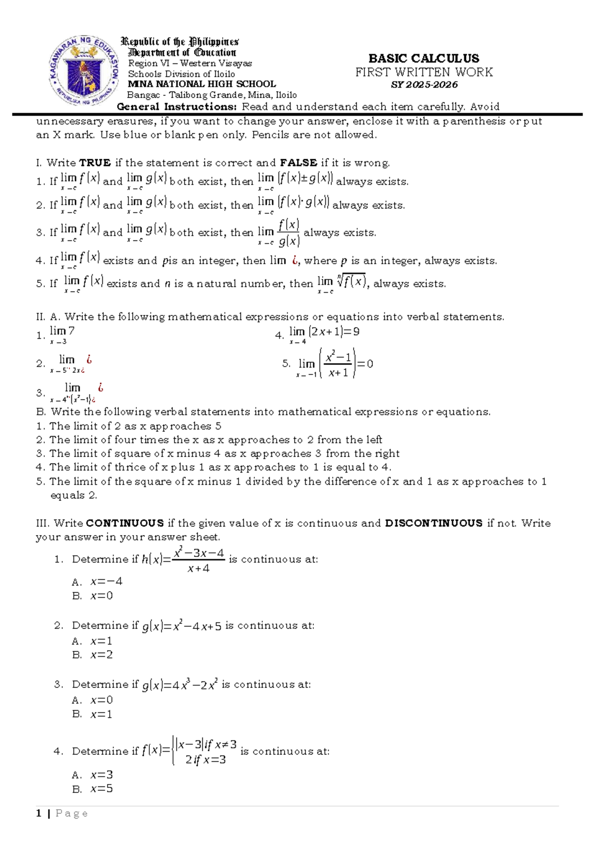 BASIC CALCULUS 1ST WRITTEN WORK - MINA NATIONAL HIGH SCHOOL - Studocu