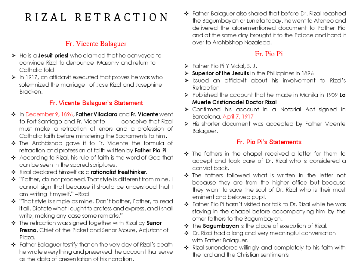 RIZAL'S RETRACTION: A CLOSER LOOK AT HIS FINAL MOMENTS AND FAITH - Studocu