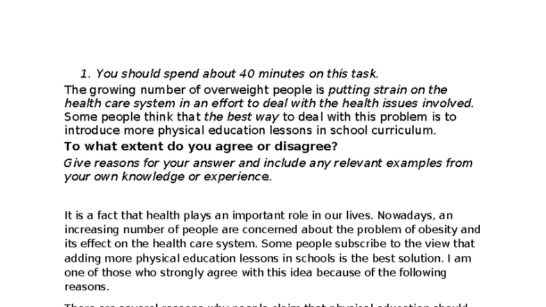 ENG101 - Essay Notes: The Importance of Physical Education in Schools ...