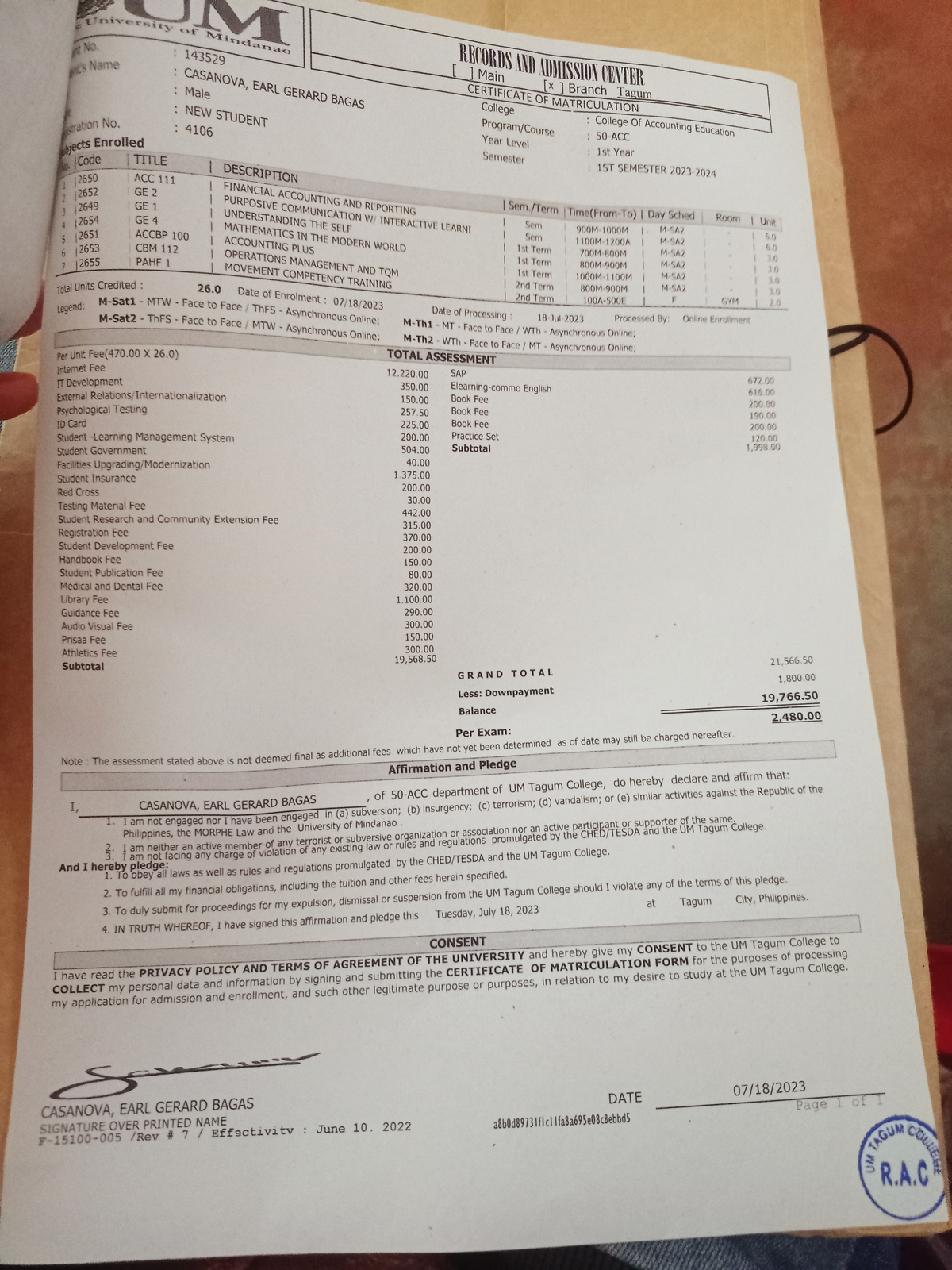 UM Tagum College 1st Year Certificate of Matriculation - Casanova, E. G ...