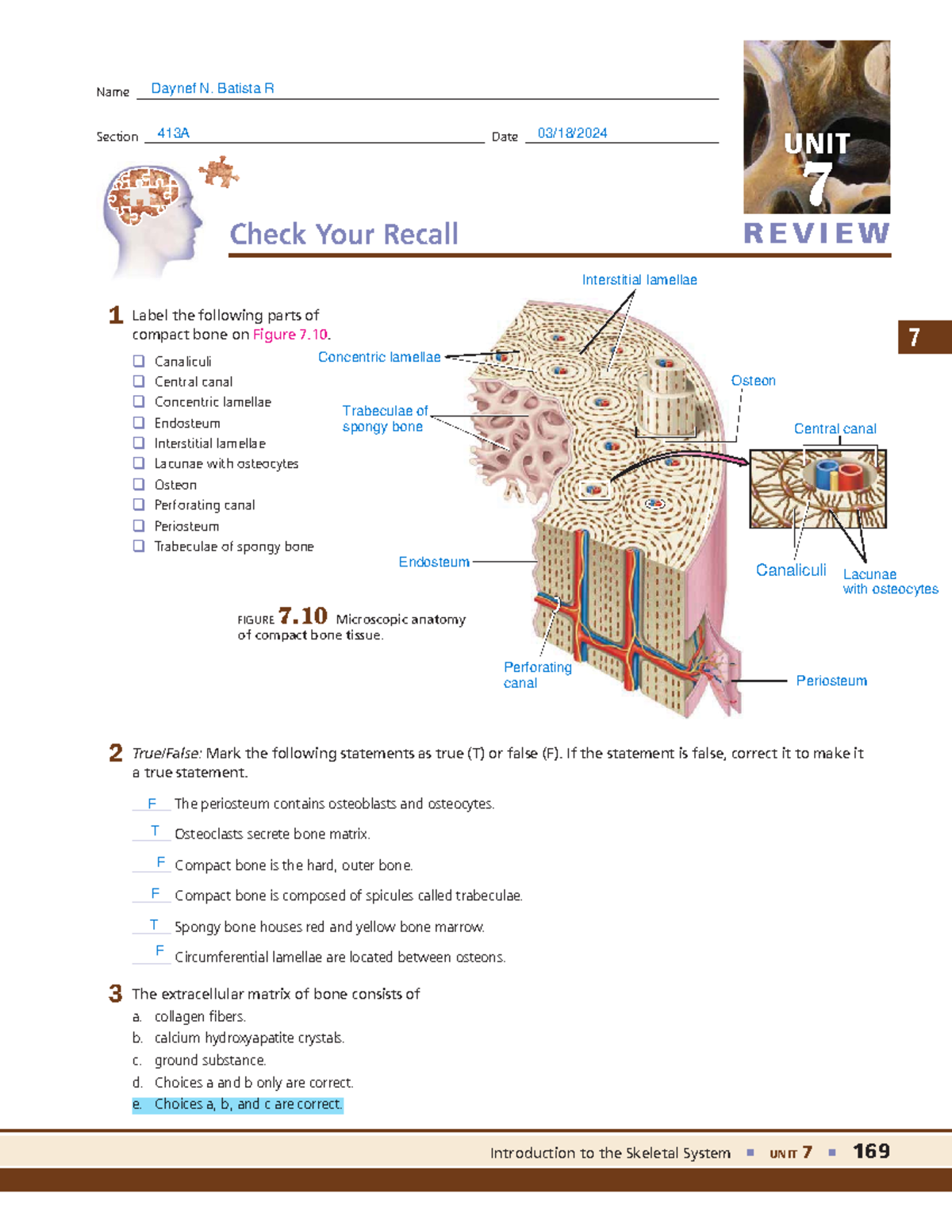 Unit 7 Lab Report - Introduction to the Skeletal System UNIT 7 169 7 1 ...