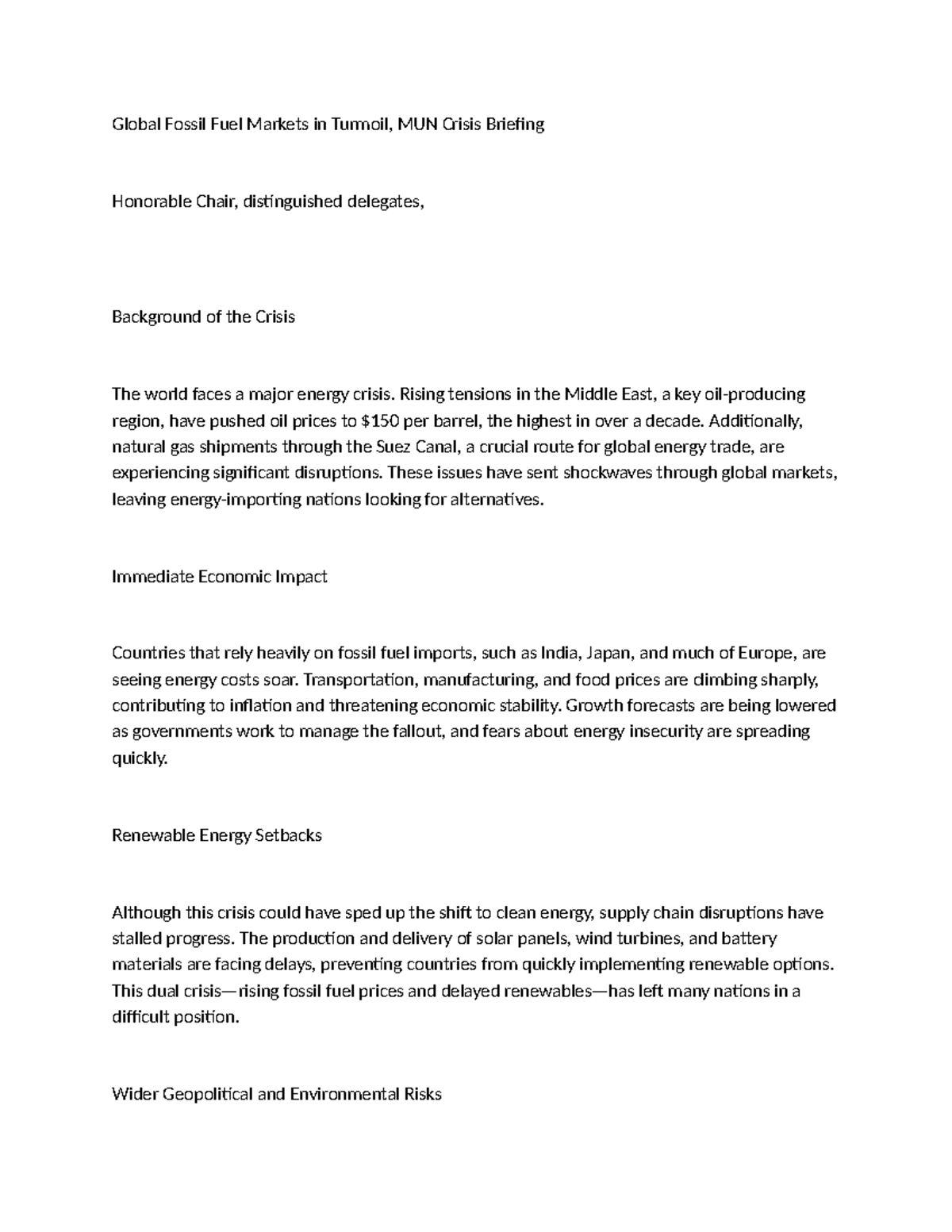 MUN Crisis Briefing: Global Fossil Fuel Market Turmoil Analysis - Studocu