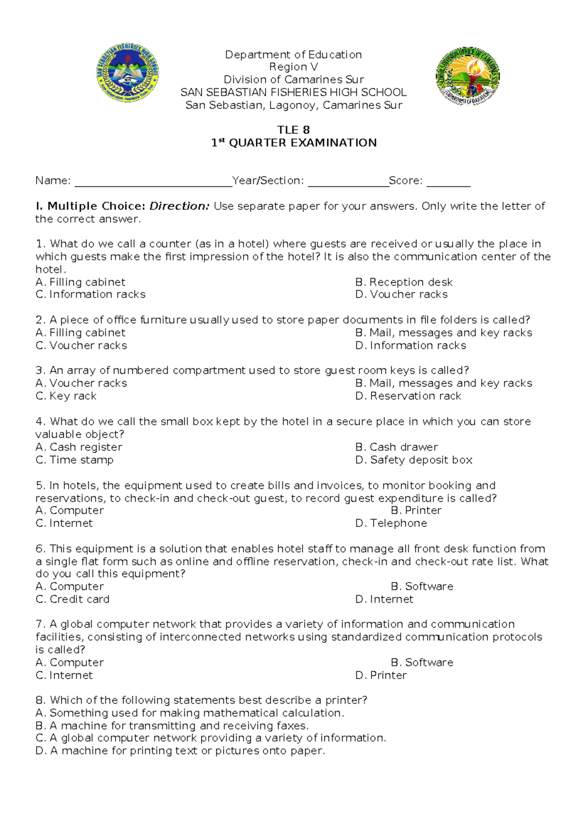 TLE 8 1st Quarter Exam: Test Questions and Answers - Studocu