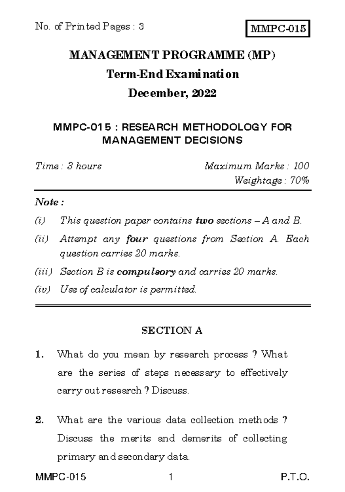 MMPC-015 - Term-End Exam Question Paper for Research Methodology - Studocu