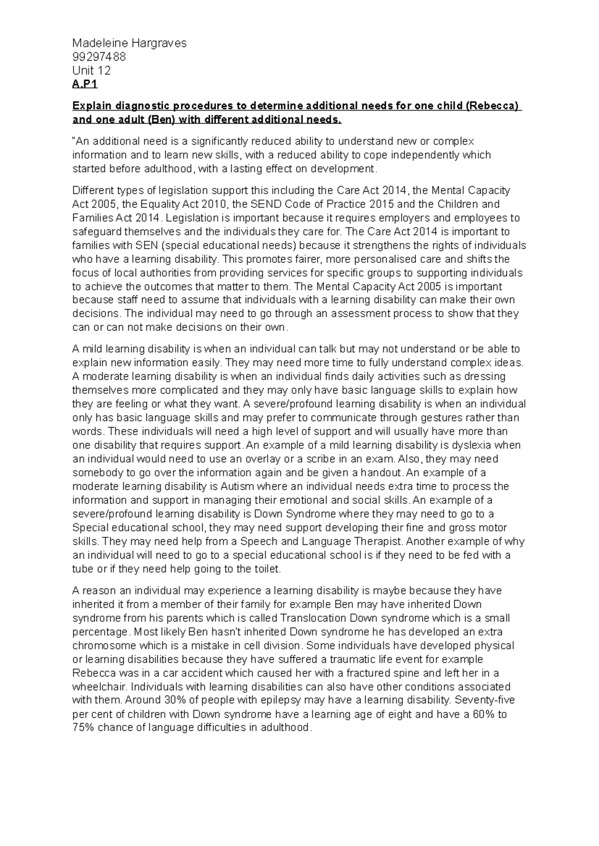 Unit 12 Assignment: Diagnostic Procedures for Additional Needs in ...