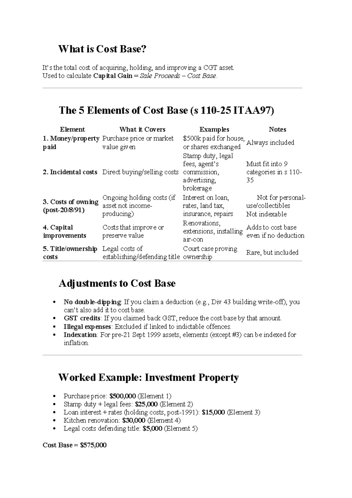 Cheat Sheet: Cost Base & Capital Gains (Buss Tax Exam Notes) - Studocu