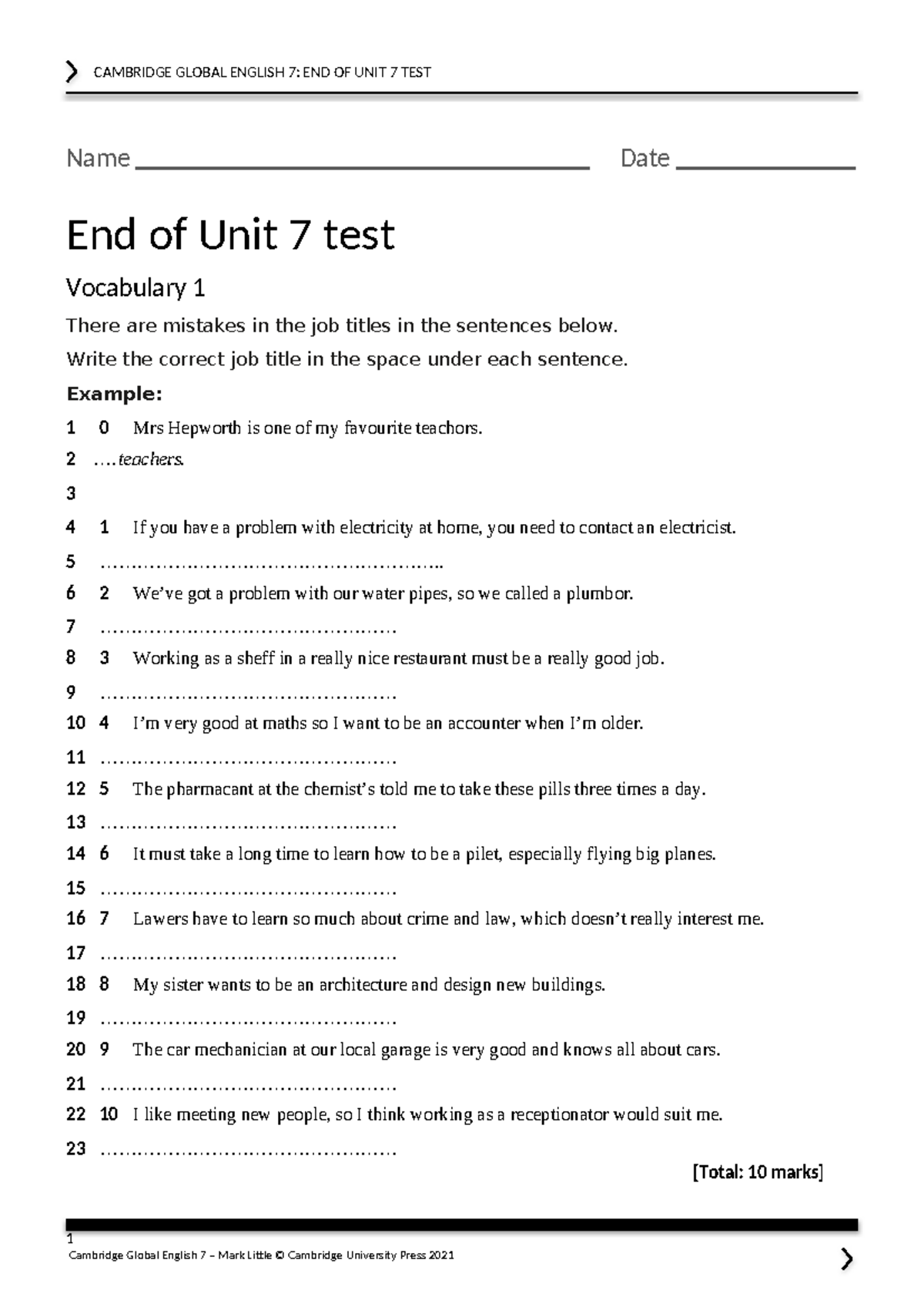 CAMBRIDGE GLOBAL ENGLISH 7: END OF UNIT 7 TEST Review - Studocu