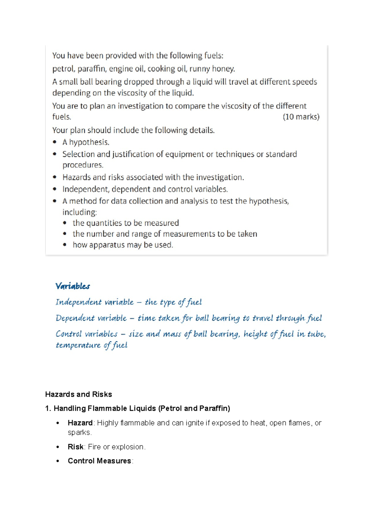 Science Investigations Unit 3: Risks and Hazards of Paraffin Handling ...