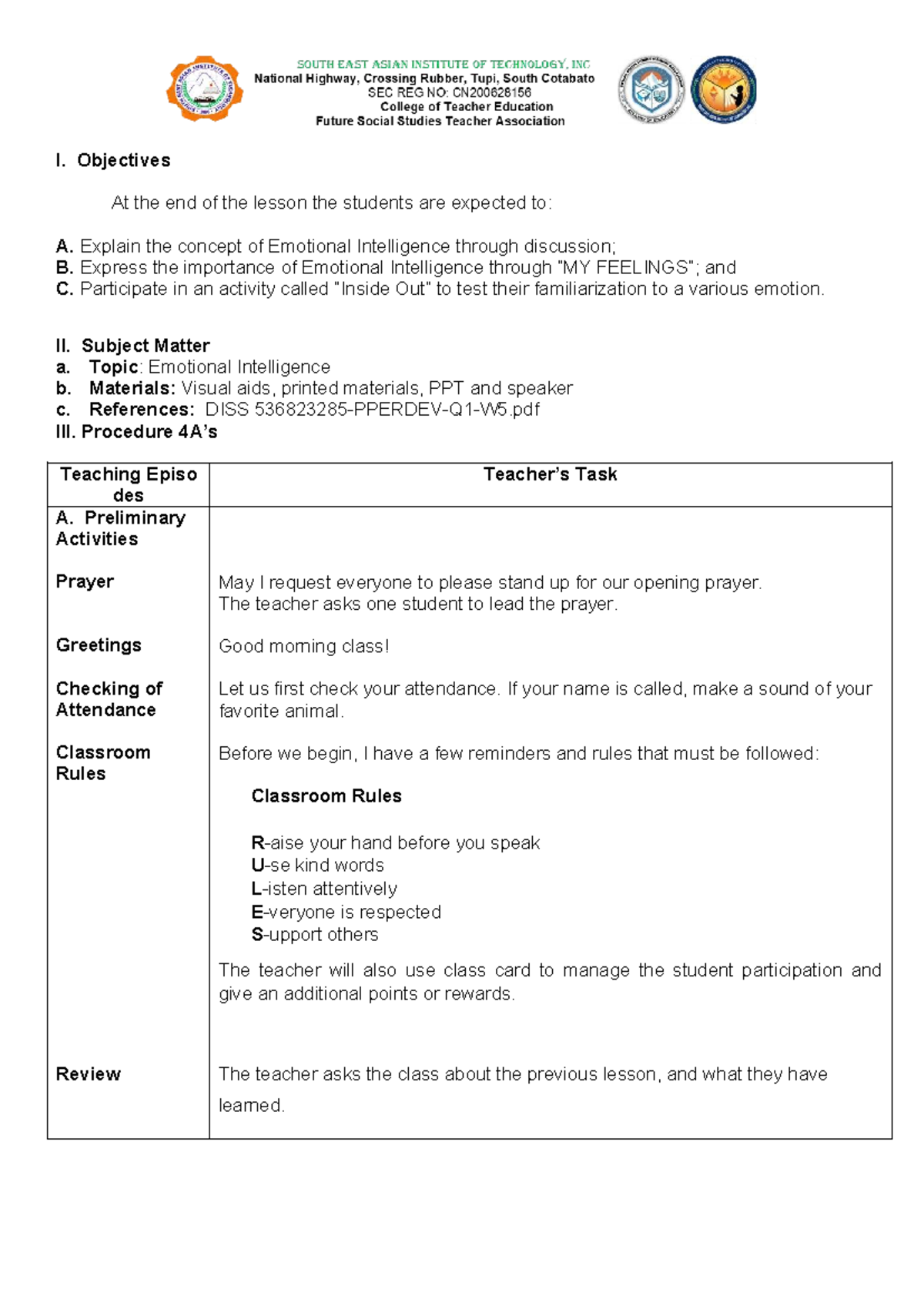 4As Lesson Plan on Emotional Intelligence (Smtba) - Studocu