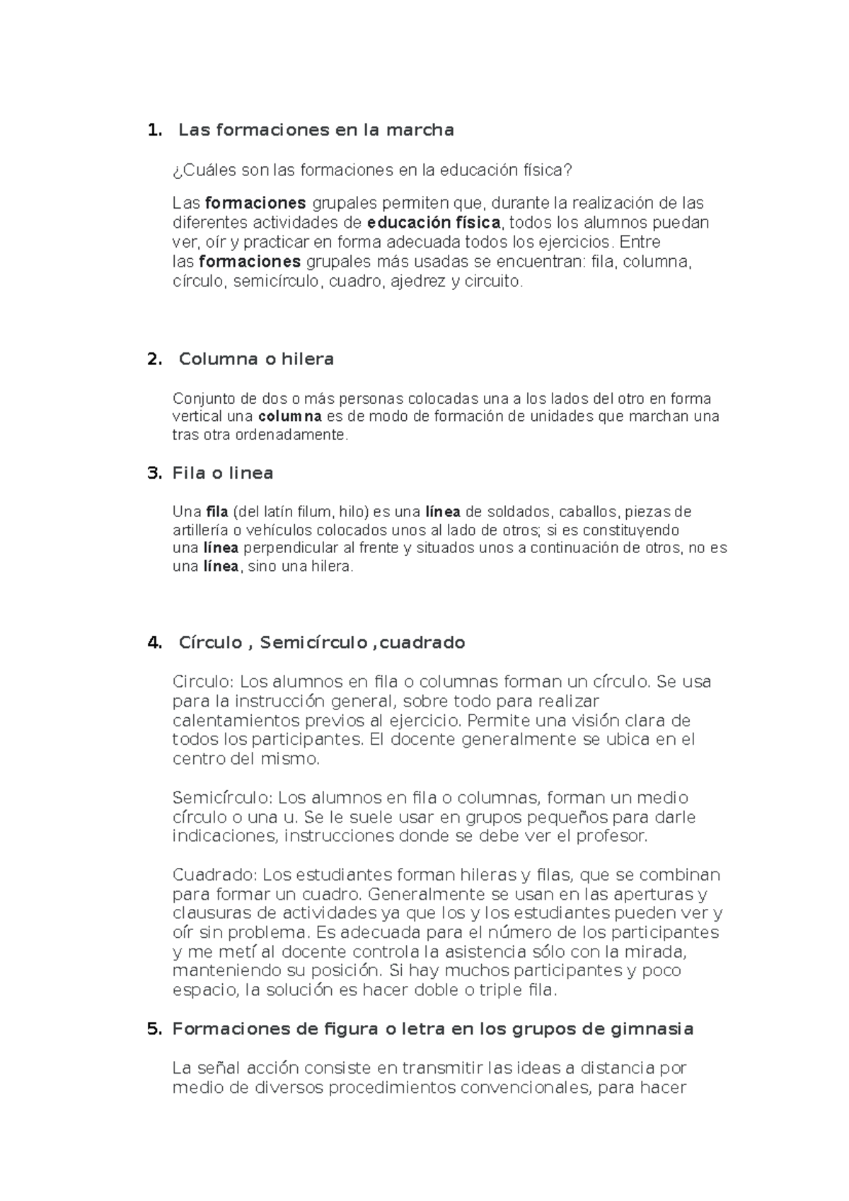 Formaciones Grupales en la Marcha: Educación Física y Técnica - Studocu