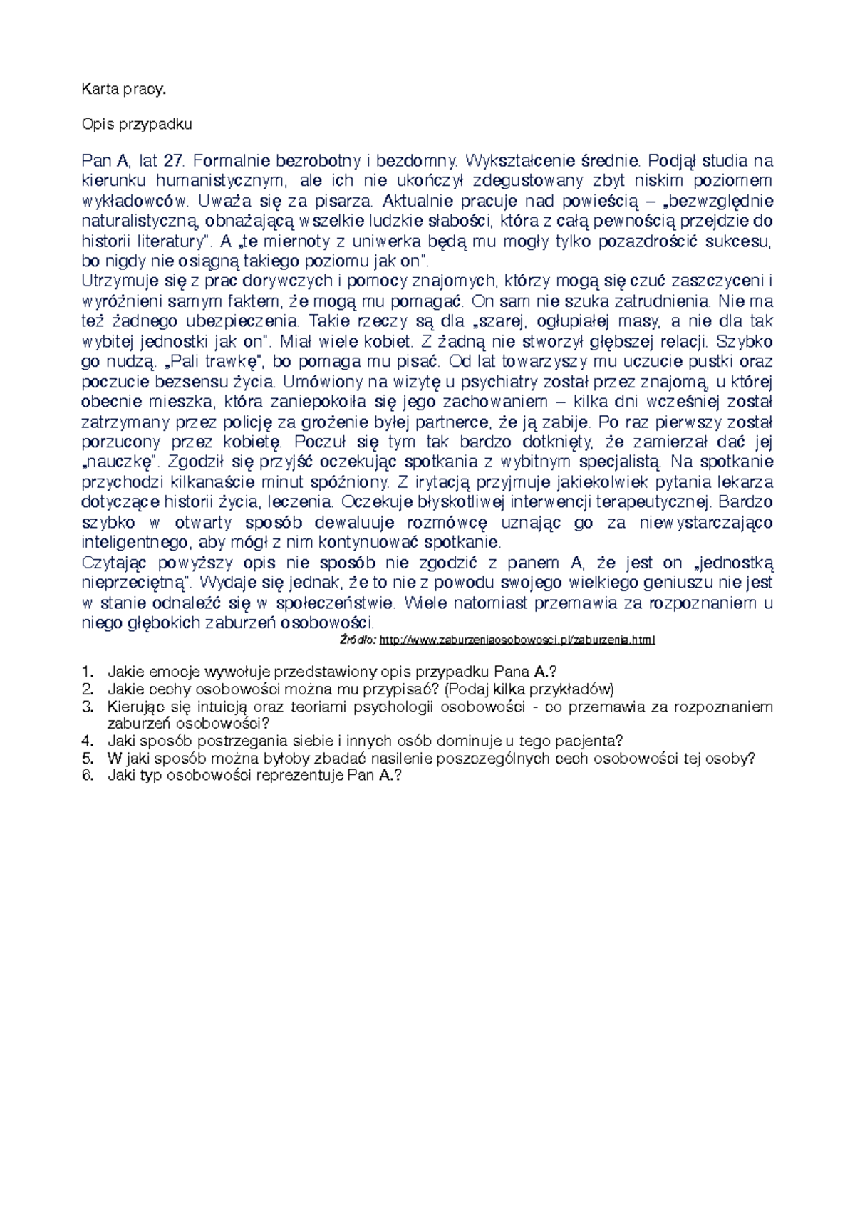Study case z diagnozy - Karta pracy. Opis przypadku Pan A, lat 27 ...