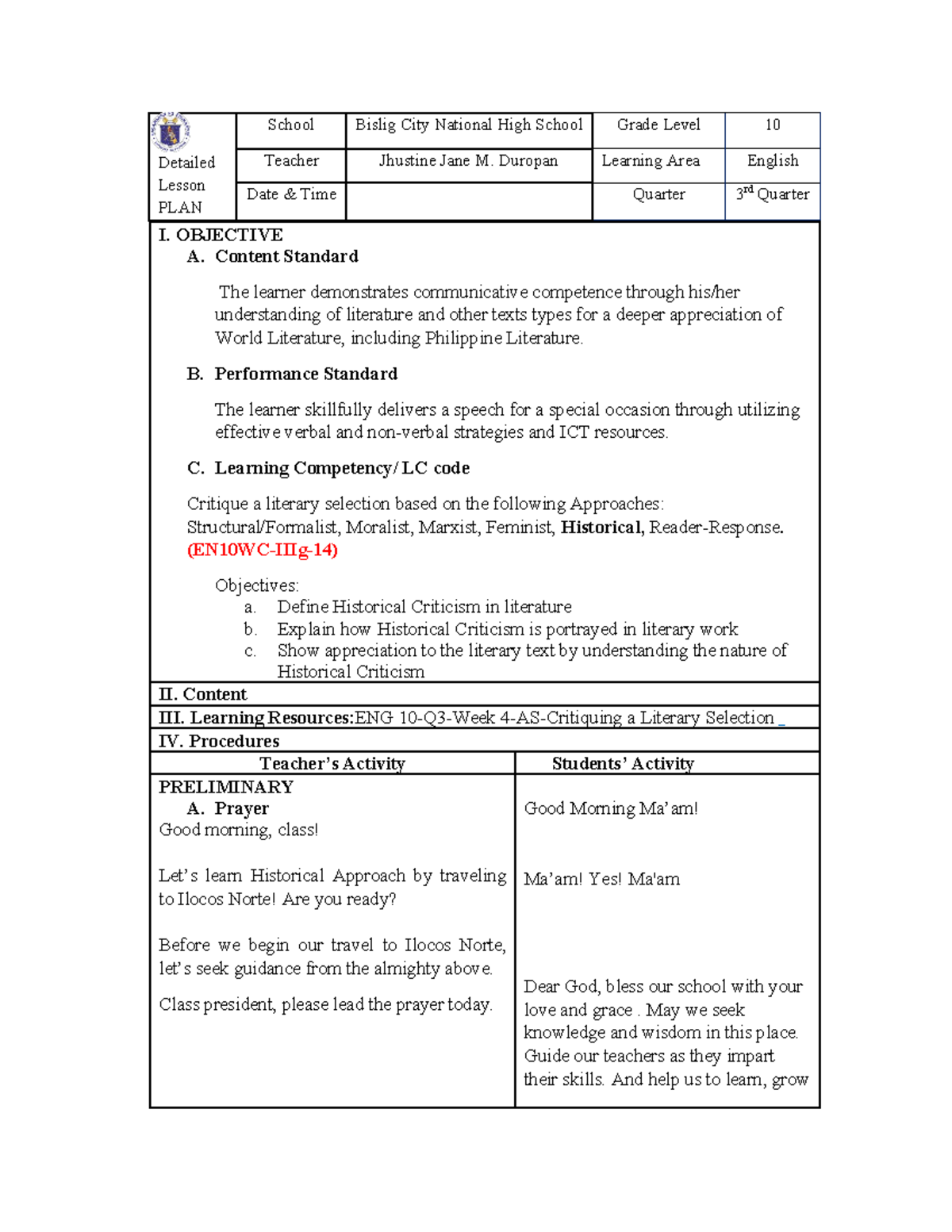 Historical Criticism in Literature - Lesson Plan (ENG10-Q3) - Studocu
