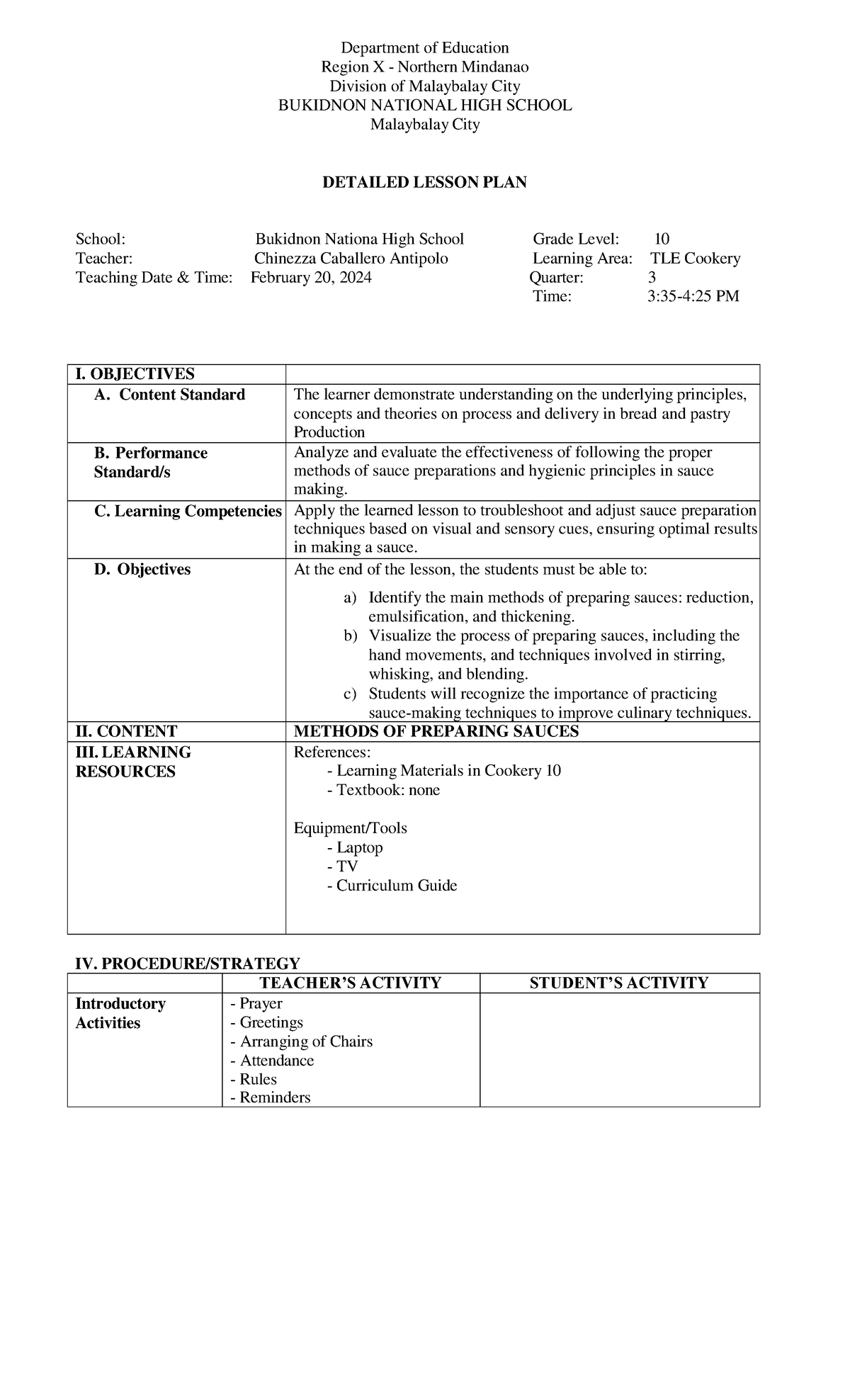 Methods of Preparing Sauces: Detailed Lesson Plan for TLE 10 - Studocu