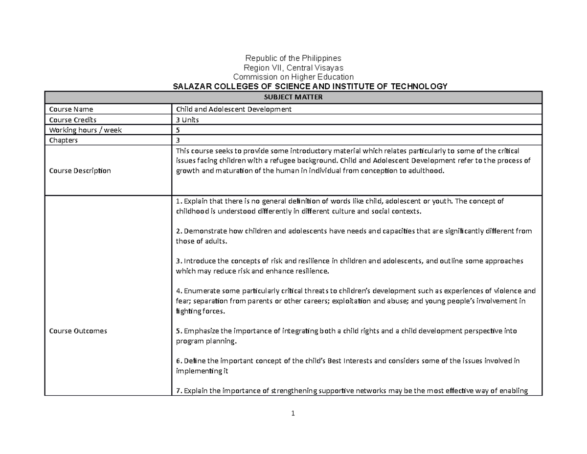 Syllabus for CHD 101: Child and Adolescent Development Course - Studocu