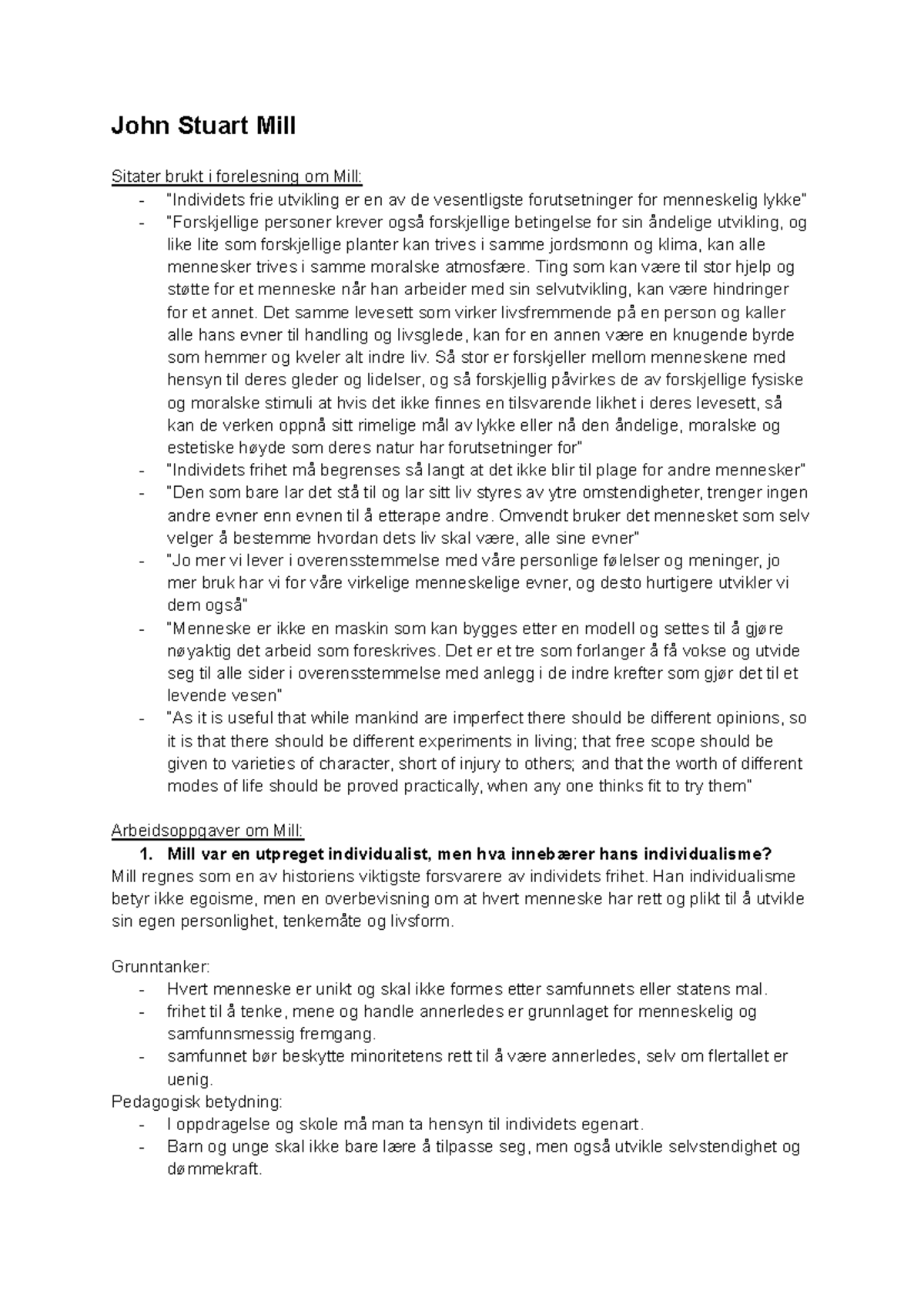 John Stuart Mill: Sammendrag av Individualisme og Moralsk Utilitarisme ...