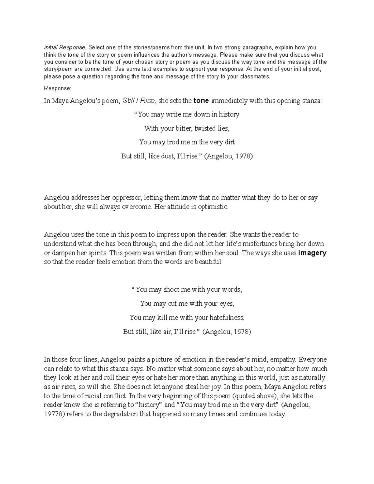 ENG130 Unit 3 Discussion Board - initial Response: Select one of the ...