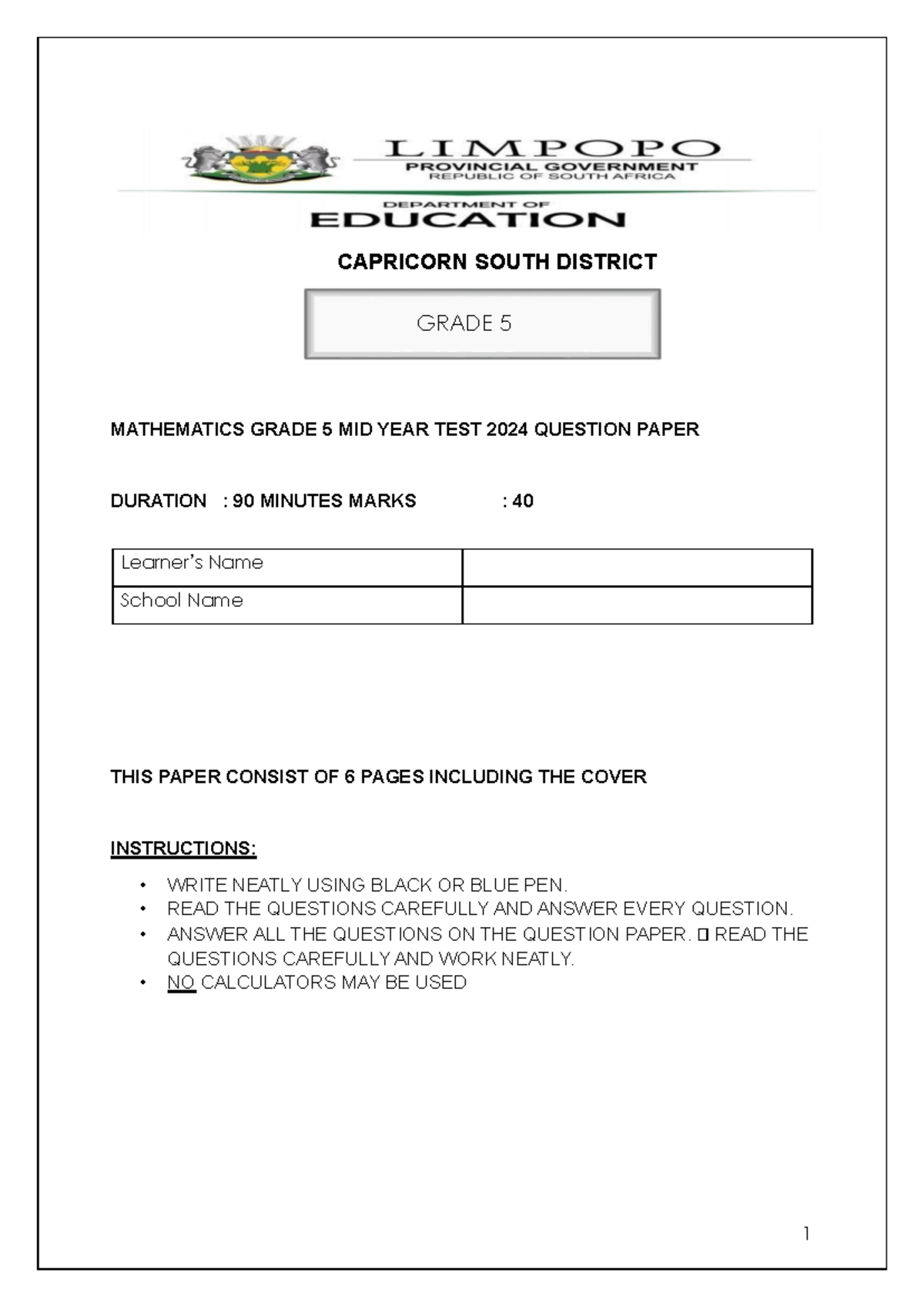 CAPRICORN SOUTH DISTRICT GRADE 5 MATH MID YEAR TEST 2024 - Studocu