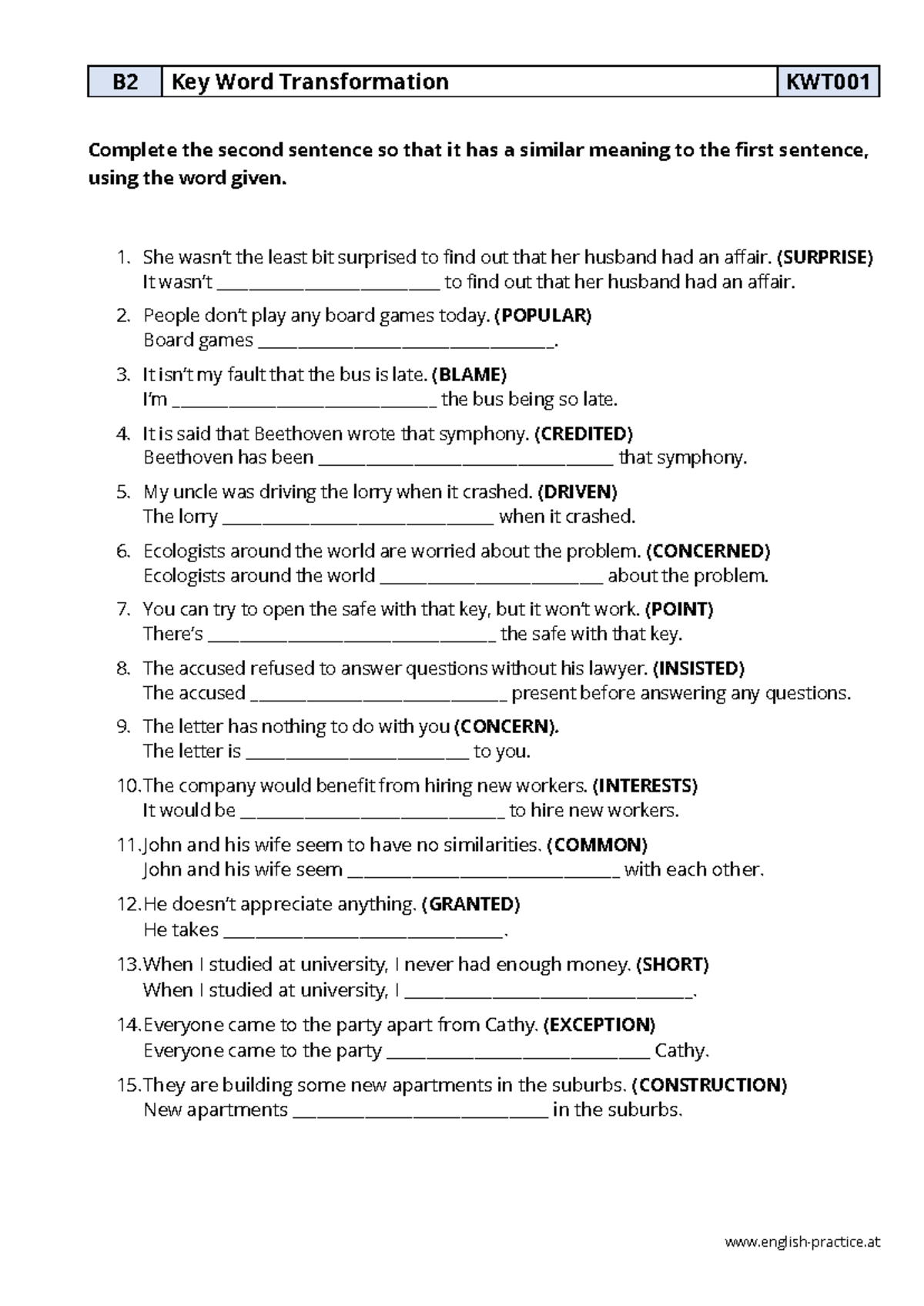 B2 KWT001 Key Word Transformation Exercises with Answers - Studocu