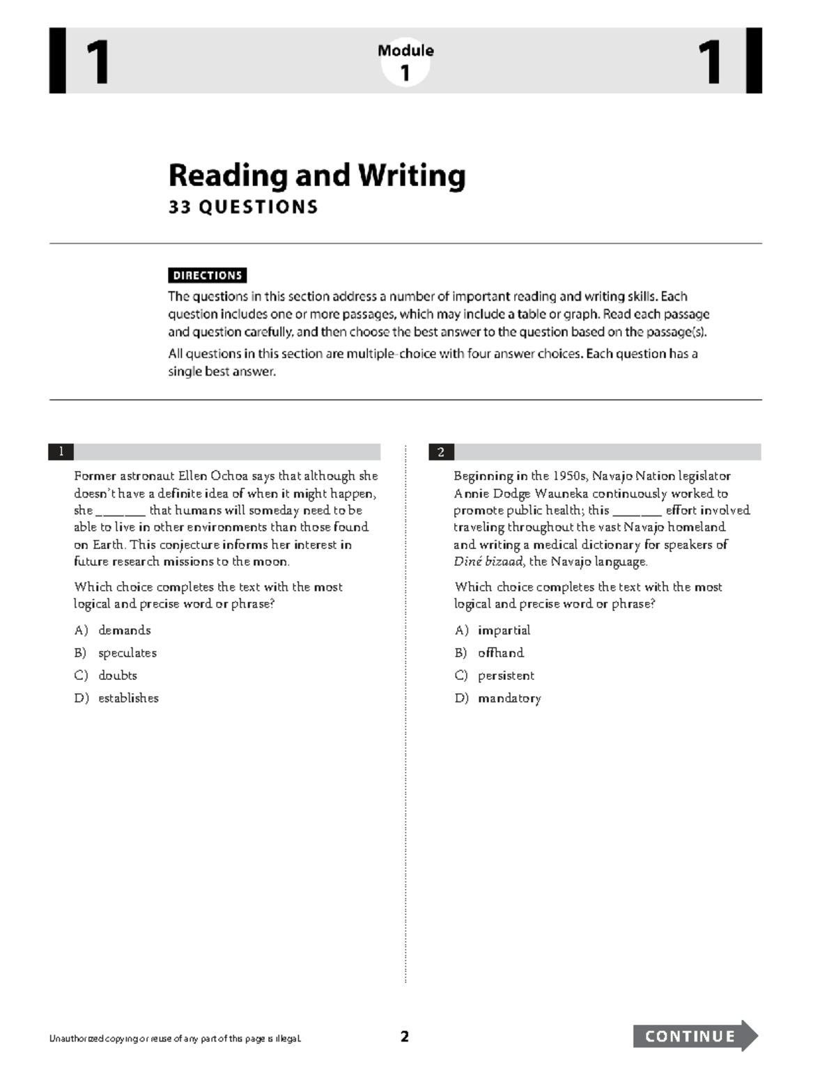 SAT Practice Test 01: Verbal Module 01 Reading & Writing Questions ...