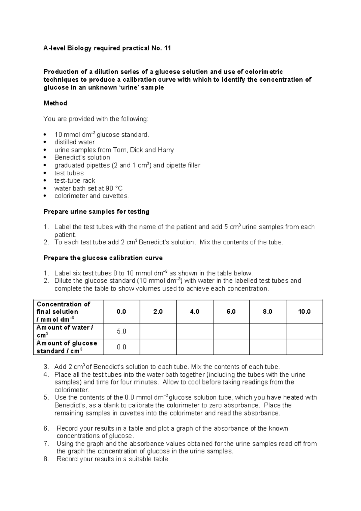 A-level Biology Practical 11: Glucose Calibration Curve Method - Studocu