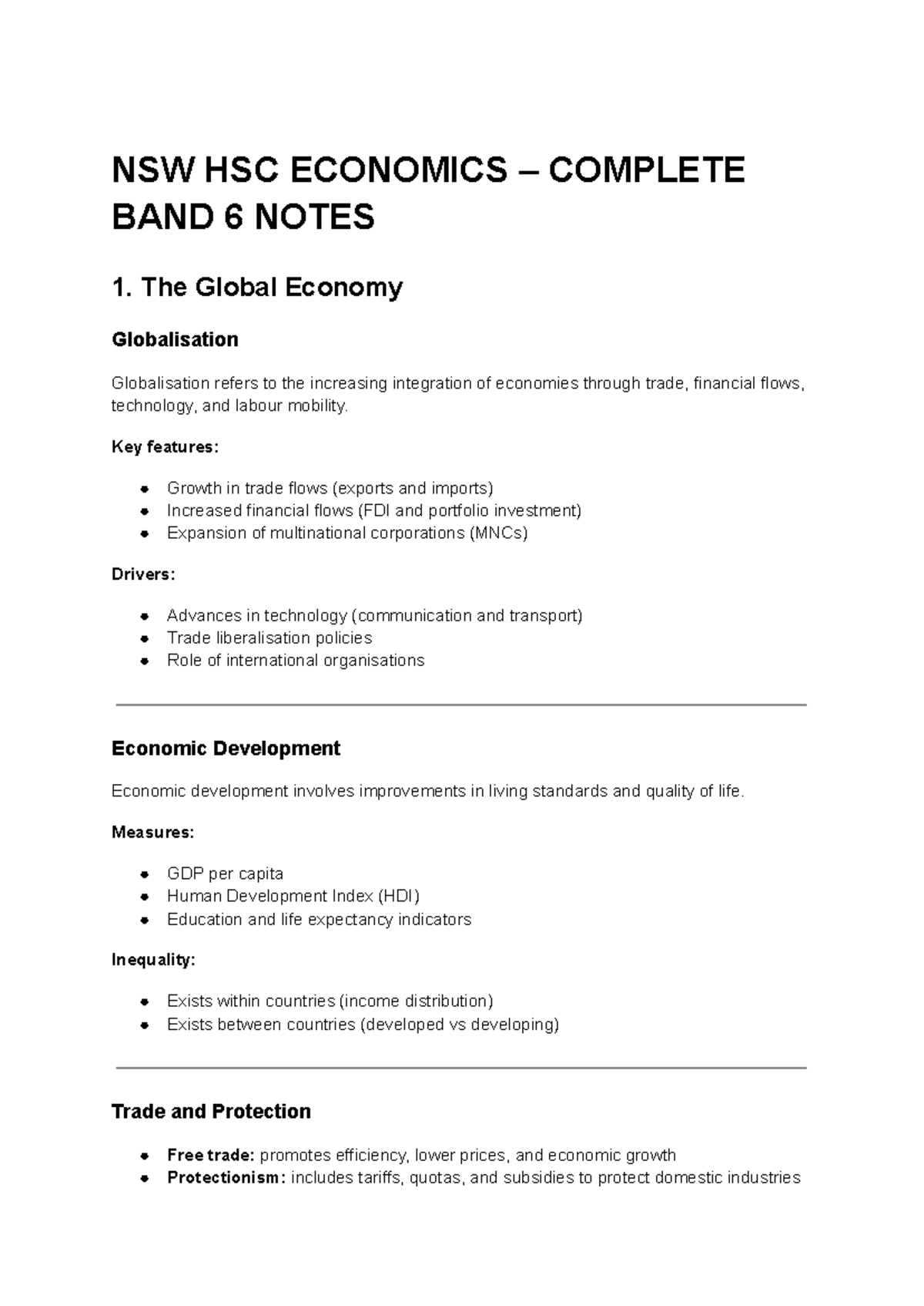 NSW HSC ECONOMICS BAND 6 NOTES: GLOBAL ECONOMY & POLICIES - Studocu