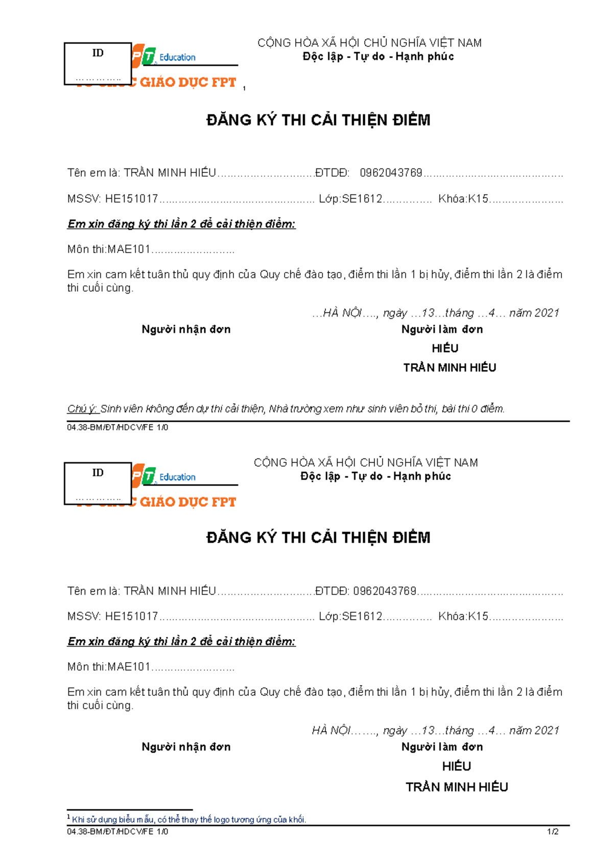04.38bmdt FE 10-Mau dang ky thi cai thien diem - 1 CỘNG HÒA XÃ HỘI CHỦ ...