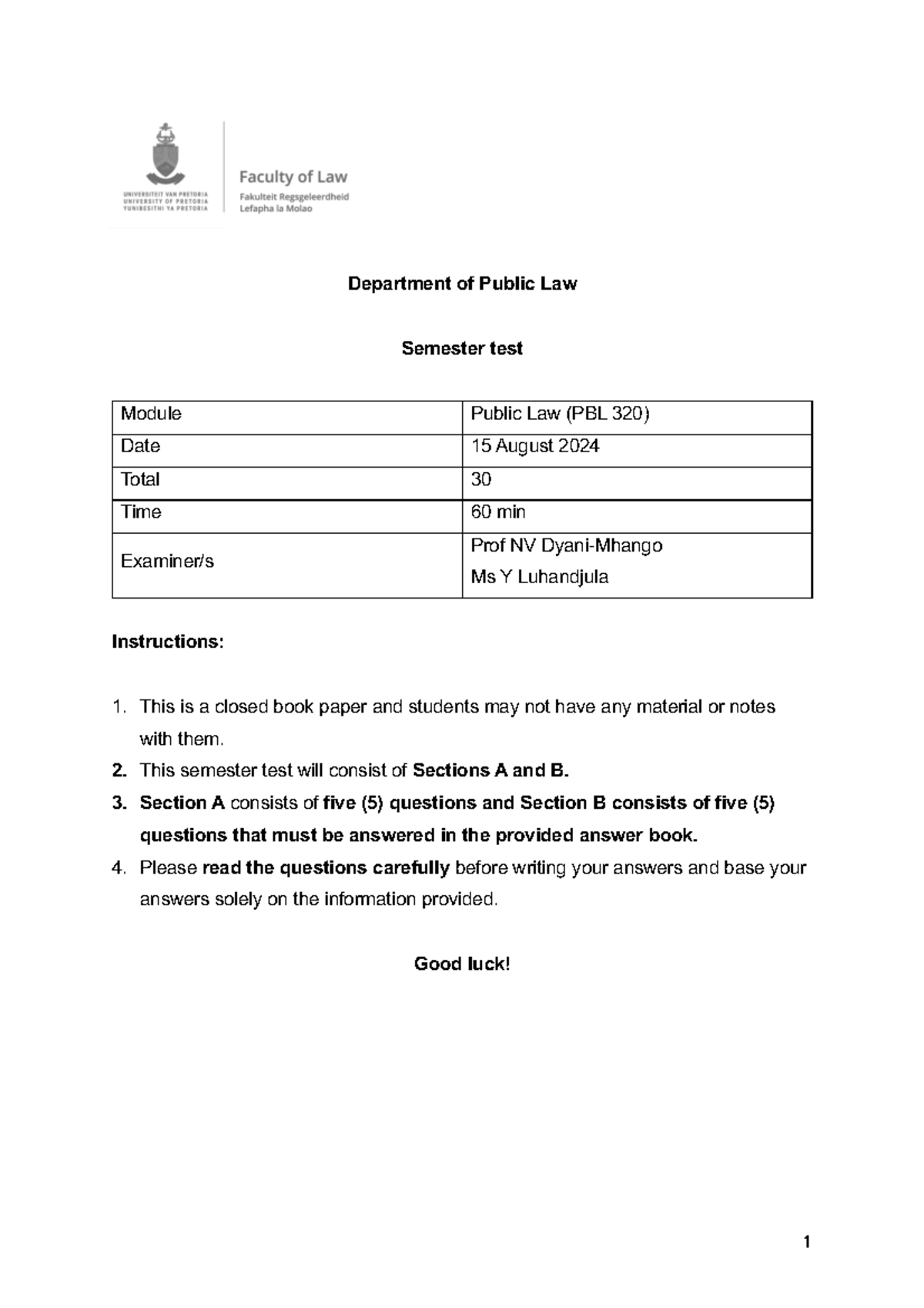 PBL 320 Semester Test 1: Paper & Memo with Instructions and Questions ...