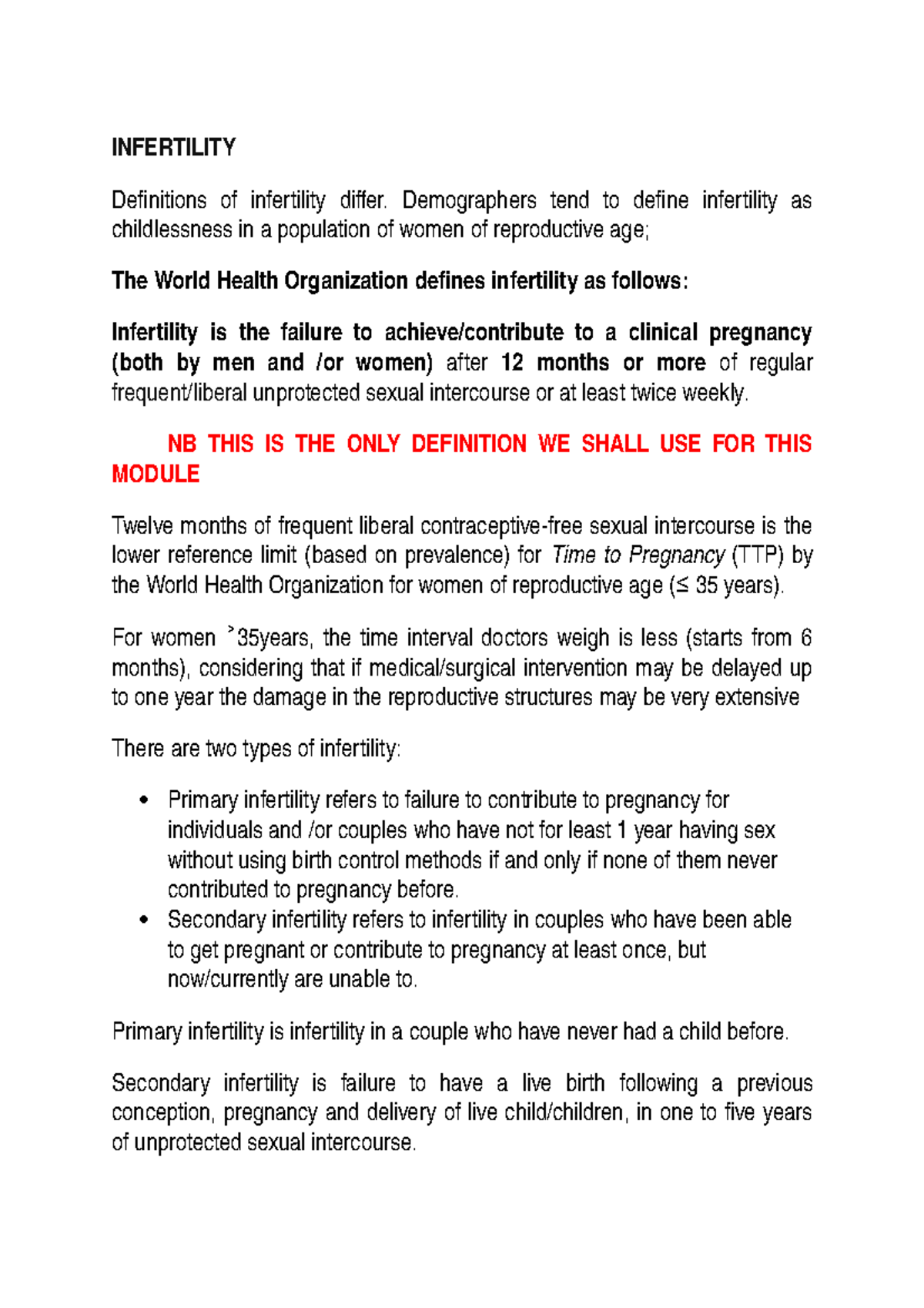 Infertility - Lecture Notes 3 to 5: Definitions, Causes, and Treatments ...