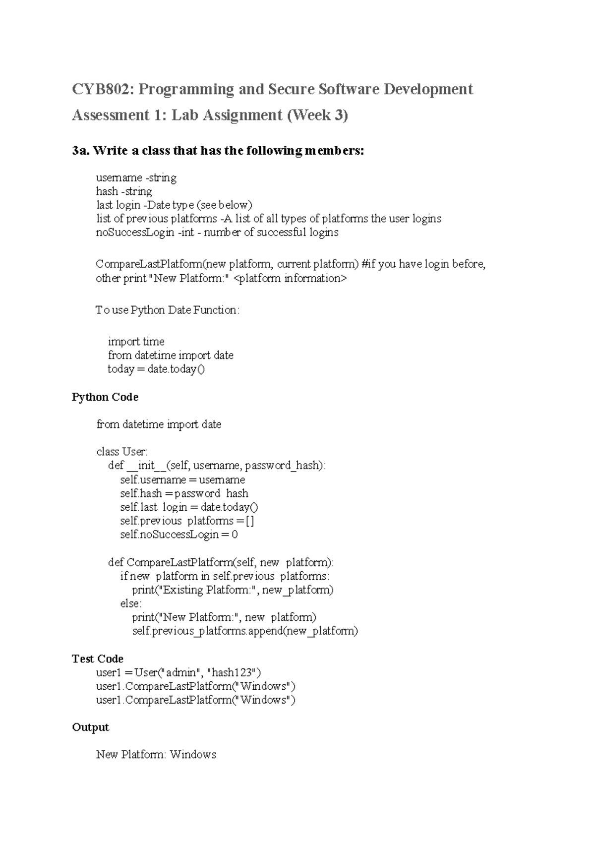 CYB802: Week 3 Lab Assignment - Programming Secure User Class - Studocu