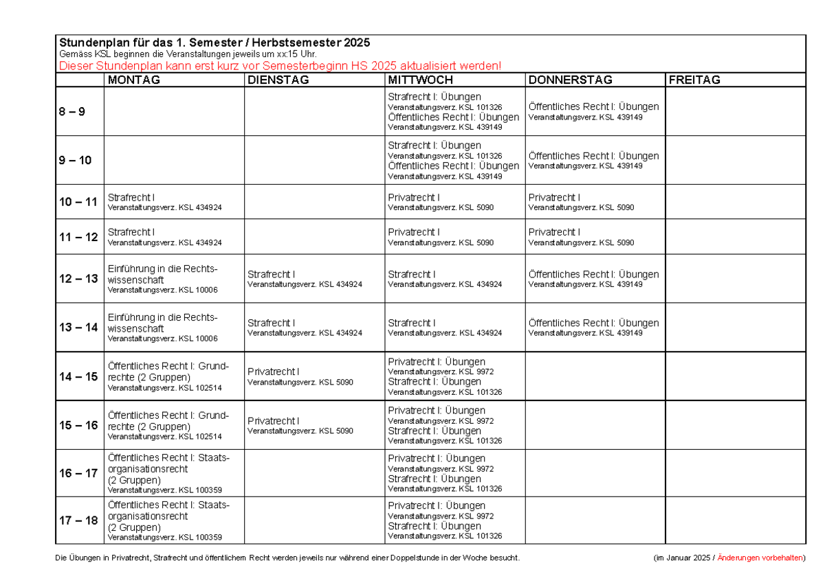 Stundenplan für das 1. Semester HS 2025 - KSL Veranstaltungsverz. - Studocu