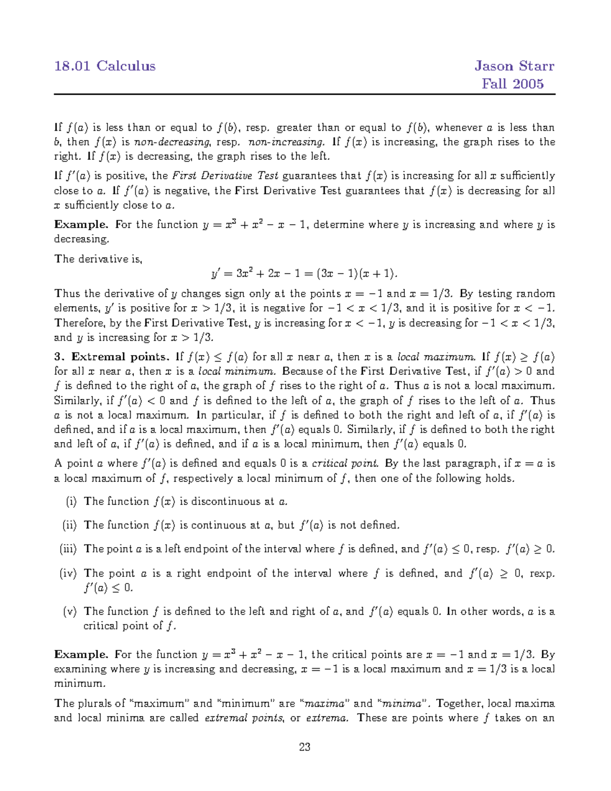 18.01 Calculus: Increasing/Decreasing Functions & Extremal Points - Studocu