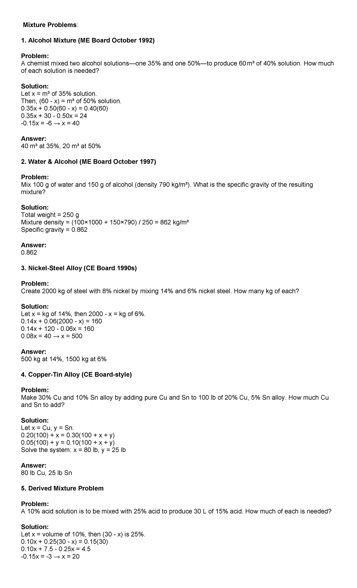 Mixture Problems: Solutions for Alcohol and Alloy Mixtures (ME Board ...