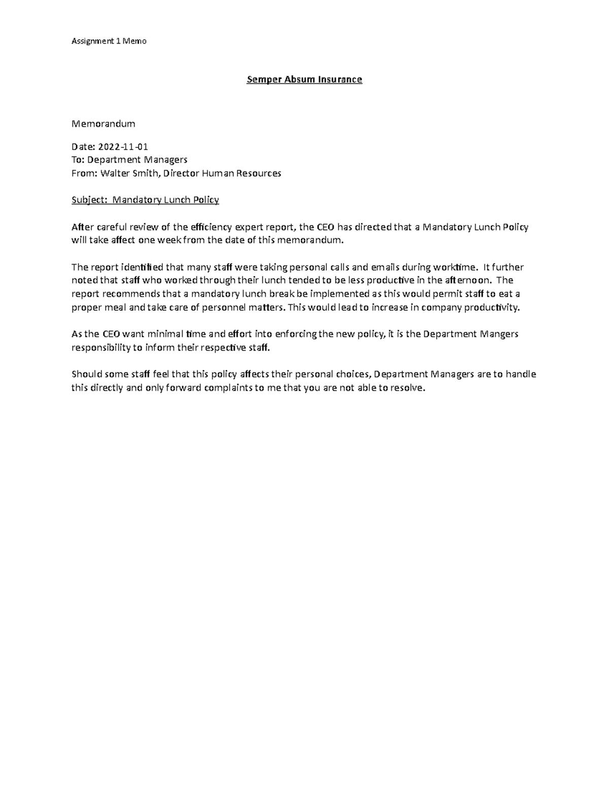 Assignment 1 Memo - Business memo - Assignment 1 Memo Semper Absum ...