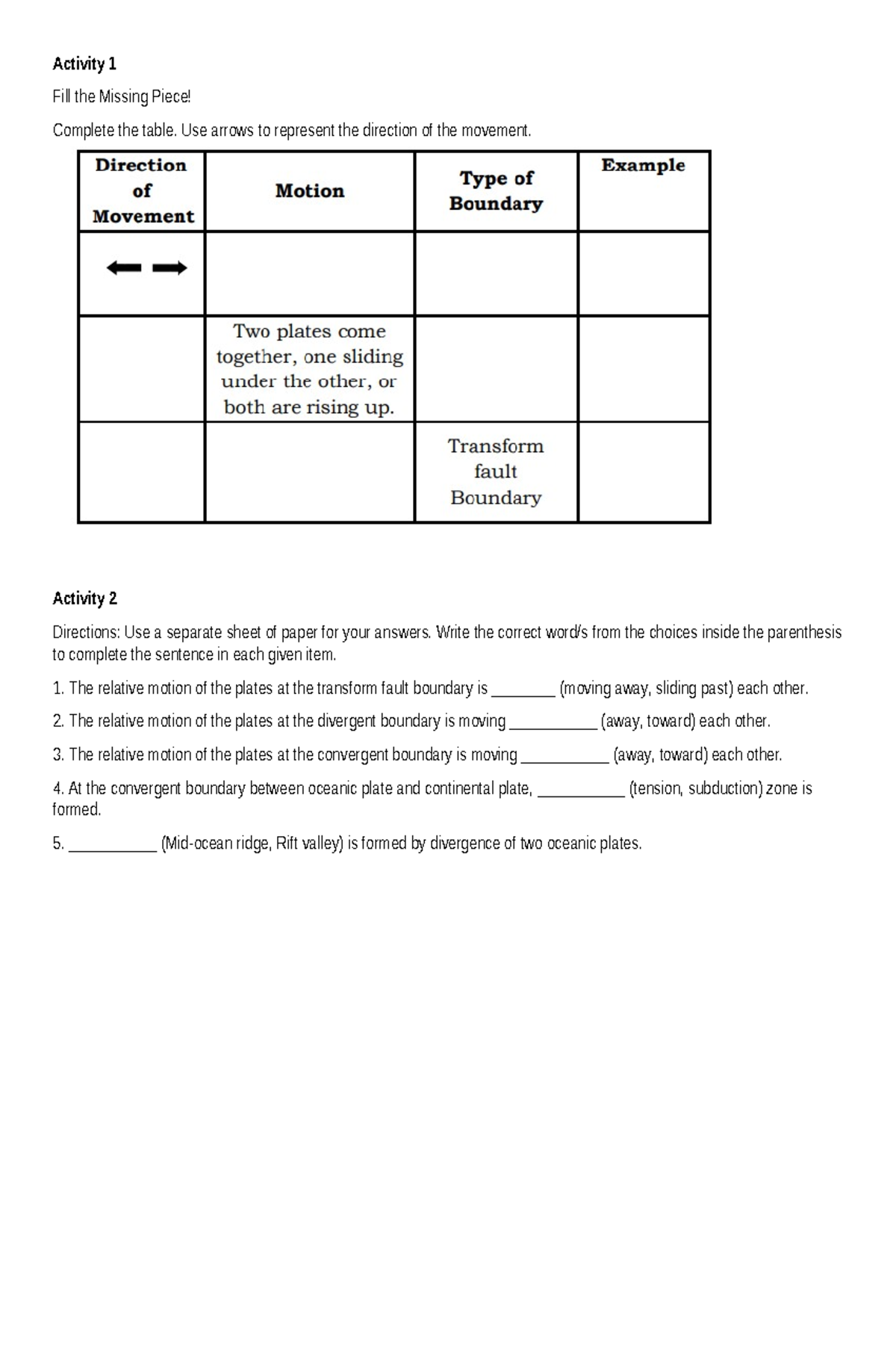 Activity 1 Science 10 - Activity 1 Fill the Missing Piece! Complete the ...