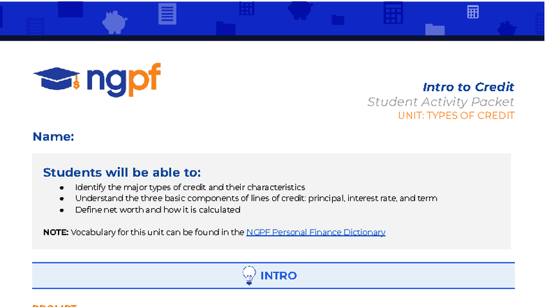 Intro to Credit Student Activity Packet: Types of Credit Unit - Studocu