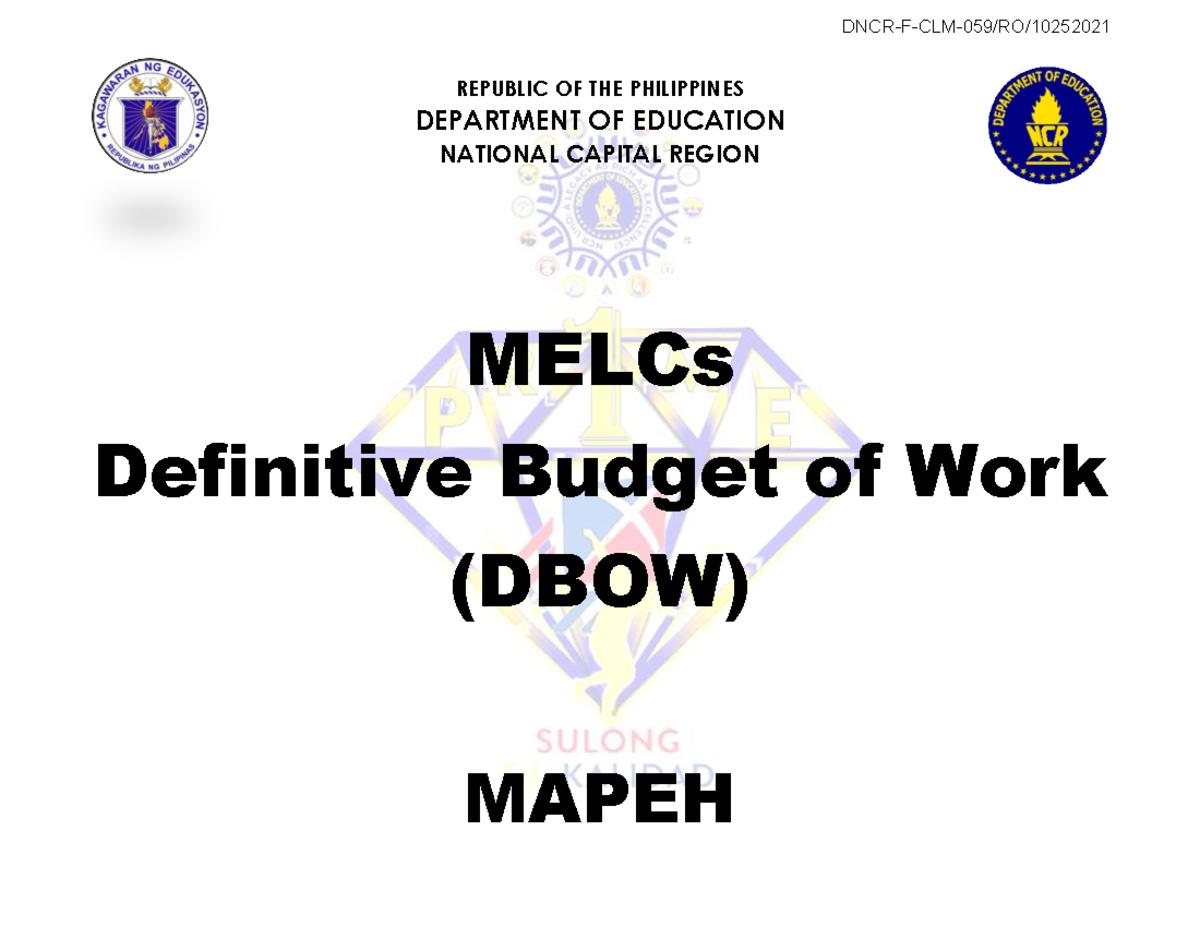 MAPEH-DBOW Learning Plan for Grade 1 - Music, Arts, PE - Studocu