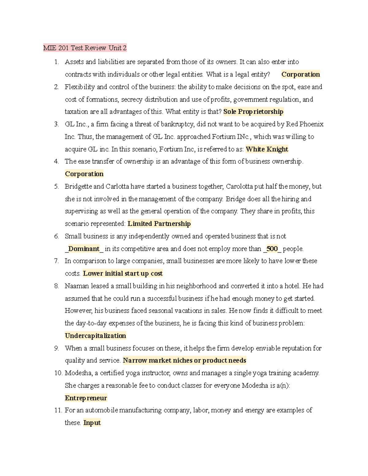 MIE 201 Test Review Exam 2 - MIE 201 Test Review Unit 2 1. Assets and ...