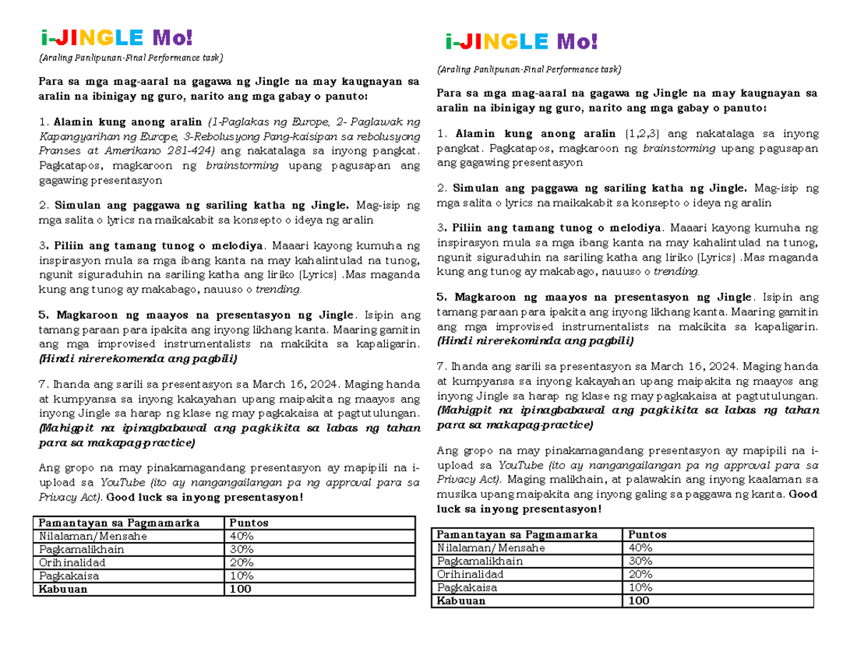 Araling Panlipunan (AP) - Final Performance Task: Paggawa ng Jingle ...