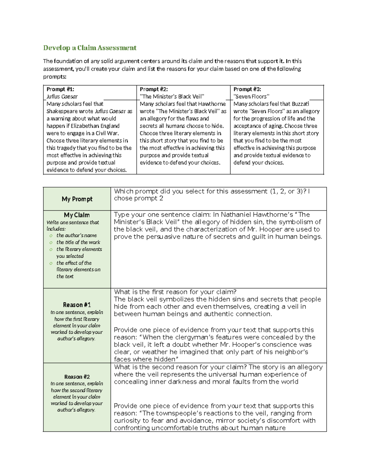 Claim Assessment Rubric for Literary Analysis: Julius Caesar & Black ...